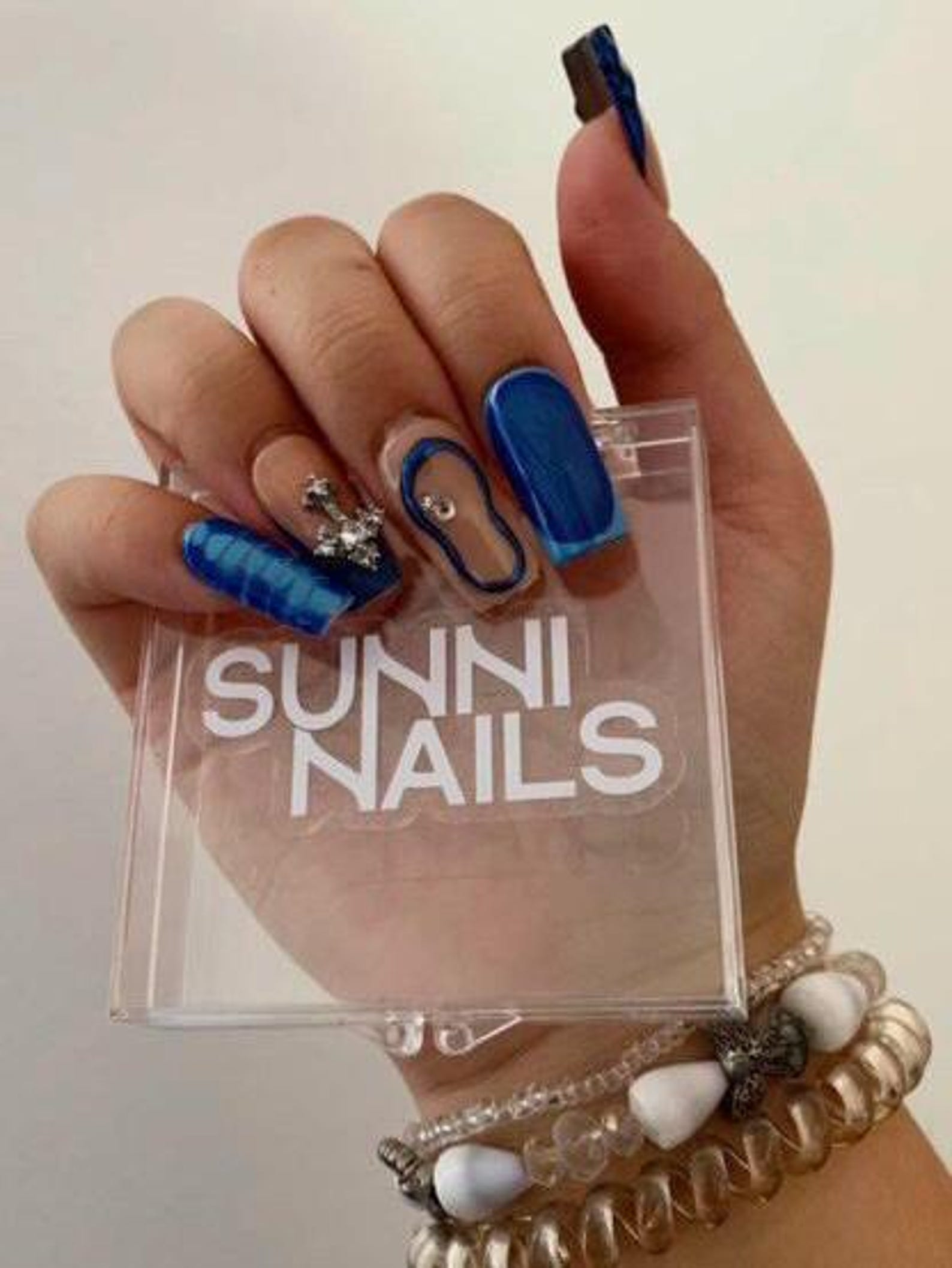 Blue Aura French Tip Press-on Nails With Cross Charm | Luxury Nails ...