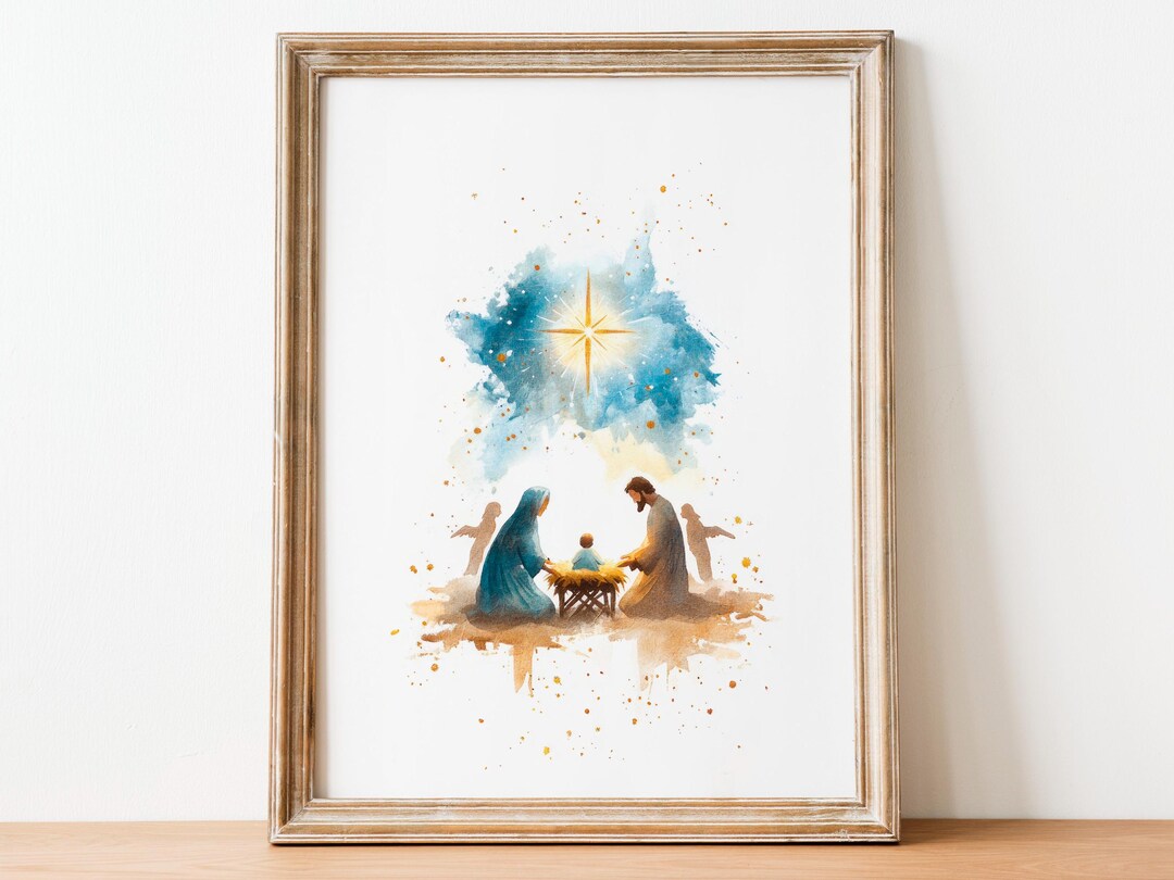 A Holy Night Minimalist Nativity Scene, Birth of Jesus, Mary Joseph and ...