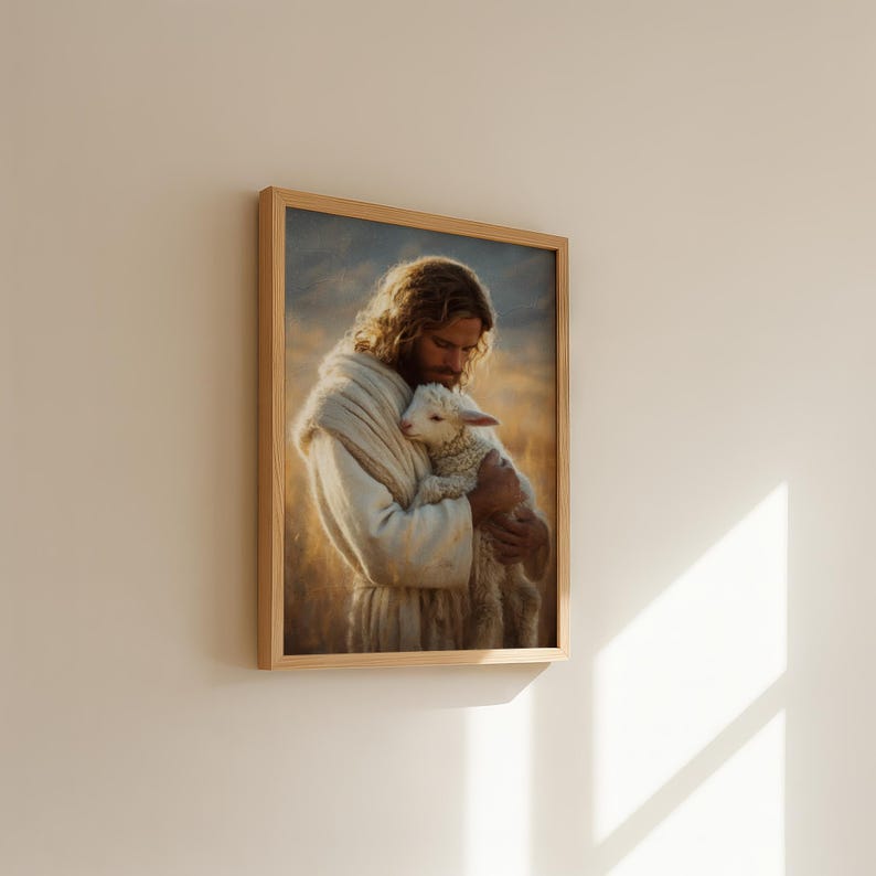Good Shepherd Art Print | Shepherd Embracing Lamb Painting | Christian ...