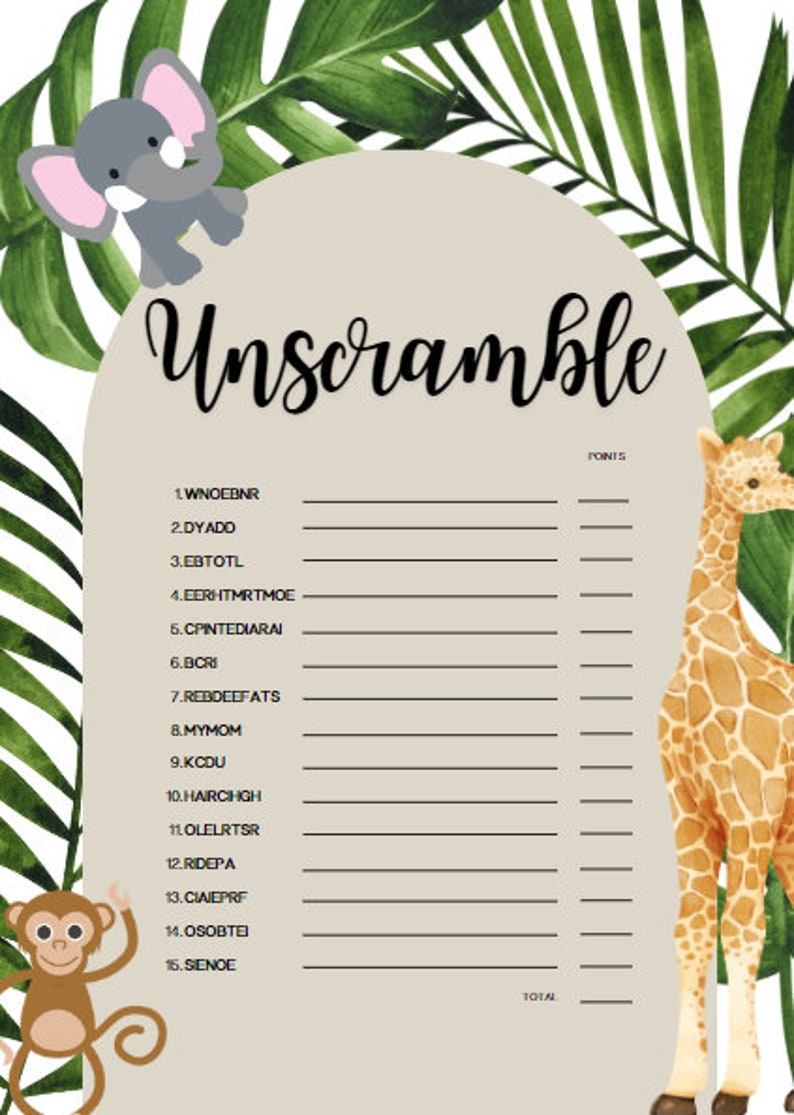 Unscramble Jungle/safari Baby Shower Game, Baby Shower Printable ...