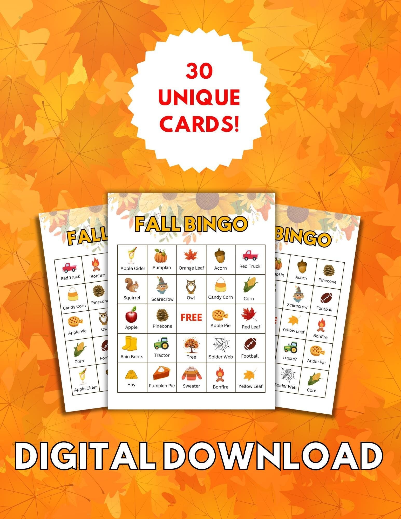 Fall Bingo Printable, 30 Fall Bingo Cards, Bingo Instant Download ...