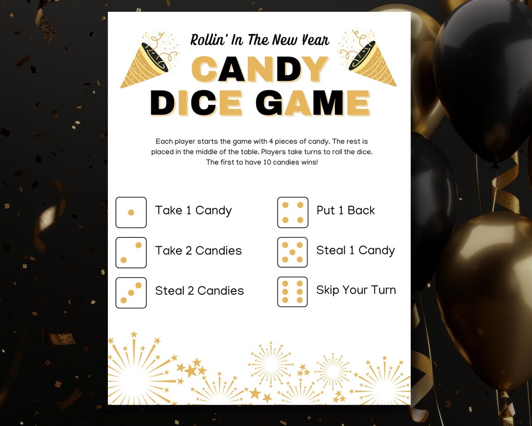 New Year's Eve Candy Dice Game Printable, New Year Candy Game, Kids ...