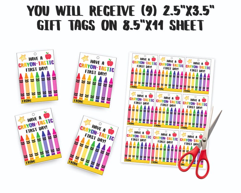 Printable First Day of School Gift Tags Crayon Themed – Back to School ...