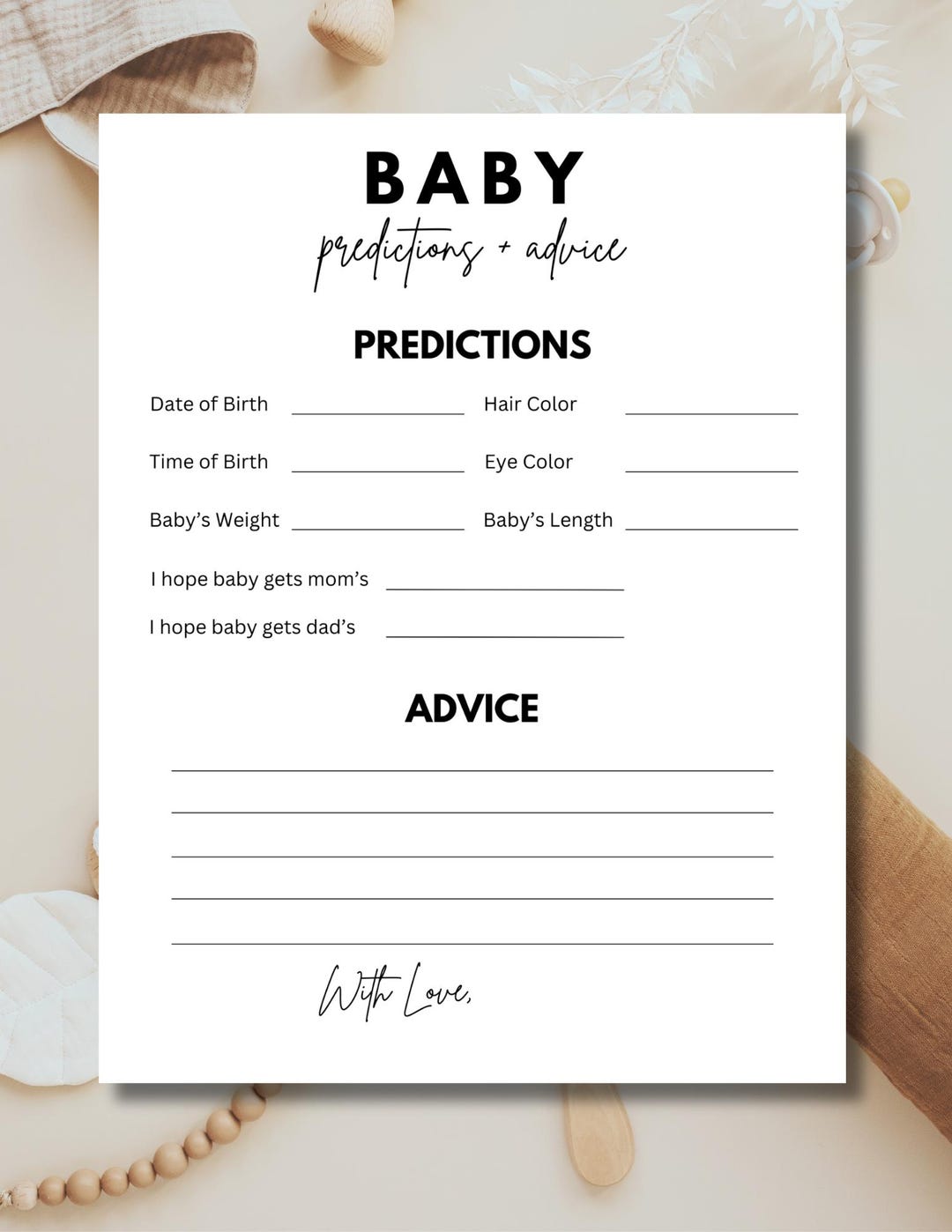 Printable Baby Shower Predictions and Advice, Minimalist Baby ...