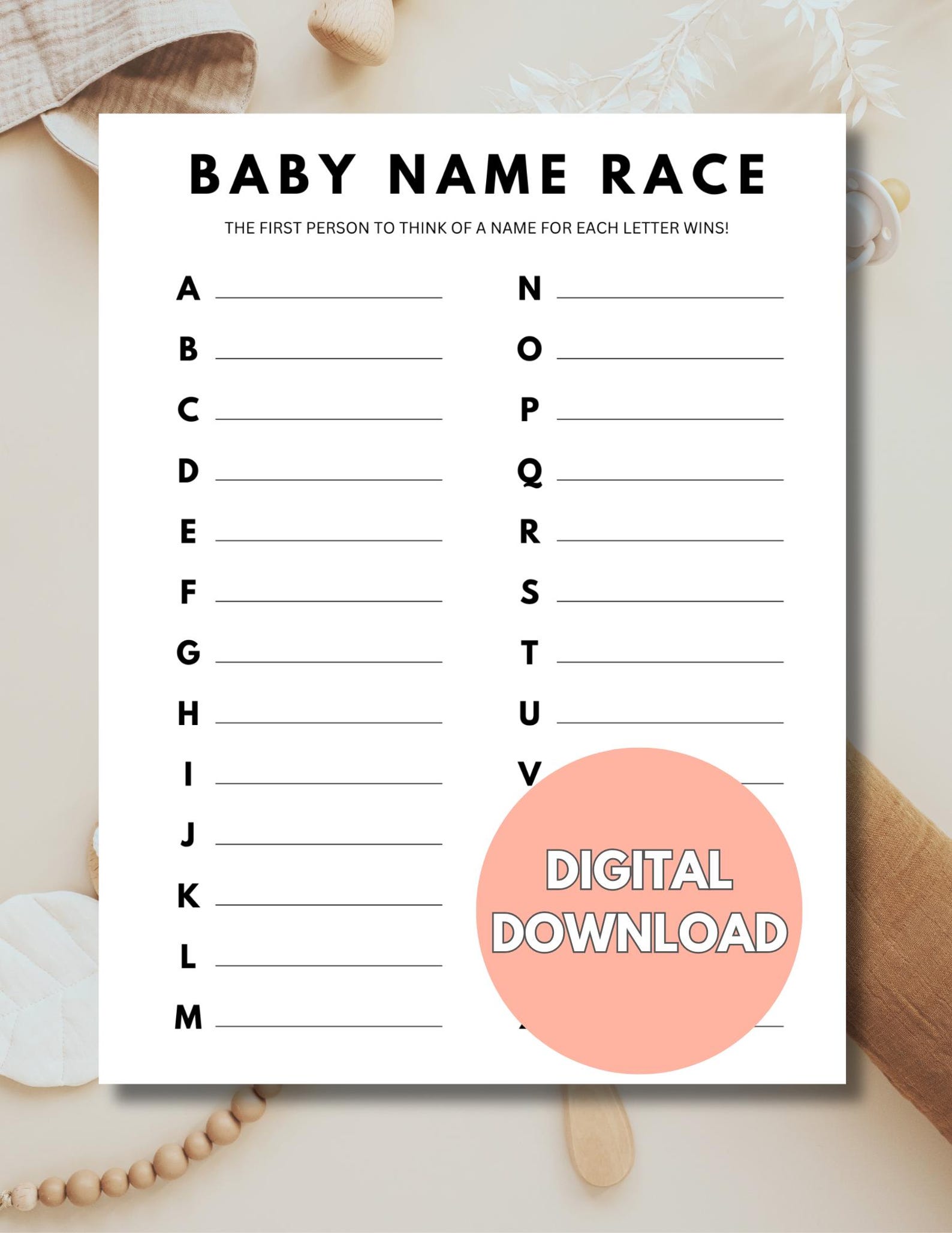 Printable Baby Name Race Game, Printable Baby Shower Games, Minimalist ...