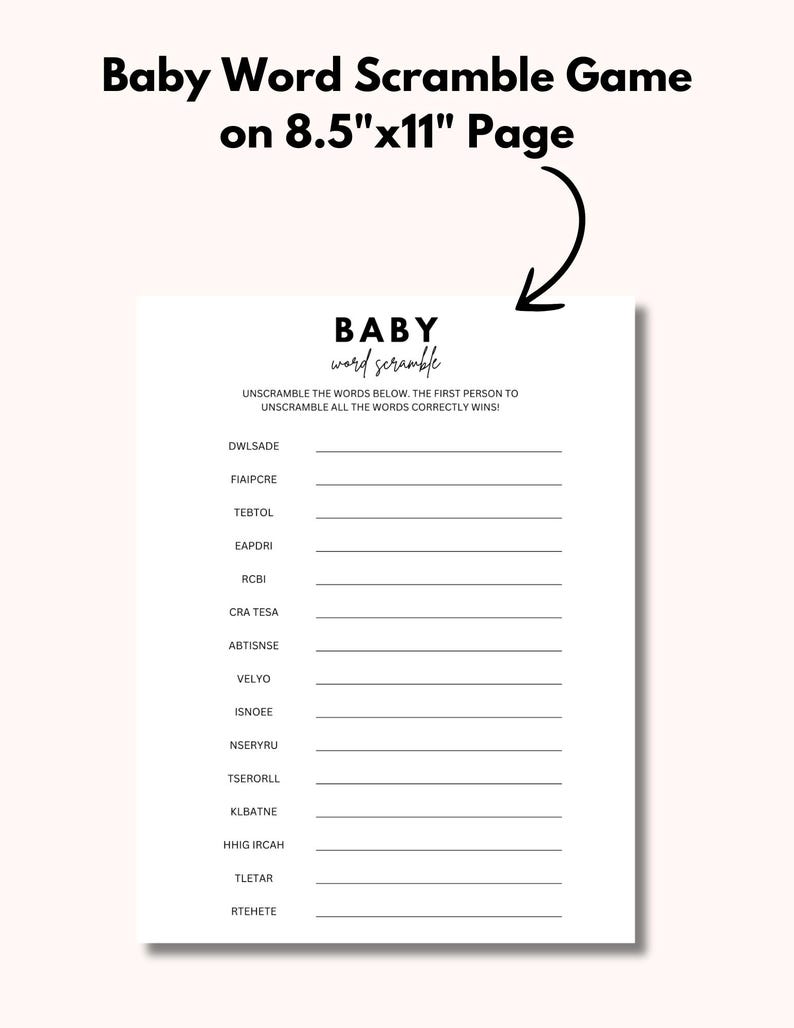 Baby Shower Word Scramble Game, Printable Baby Word Scramble Game With ...