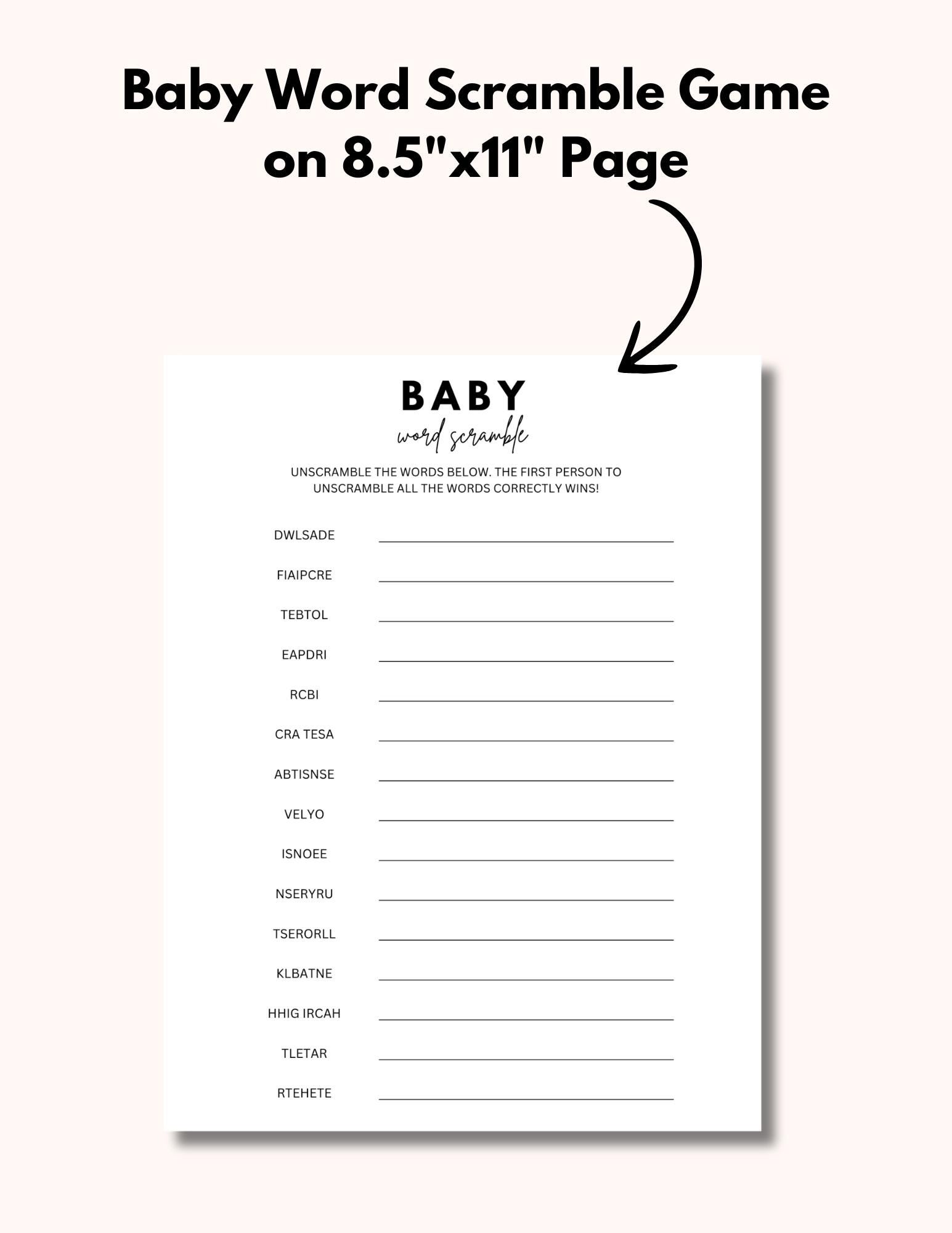 Baby Shower Word Scramble Game, Printable Baby Word Scramble Game With ...