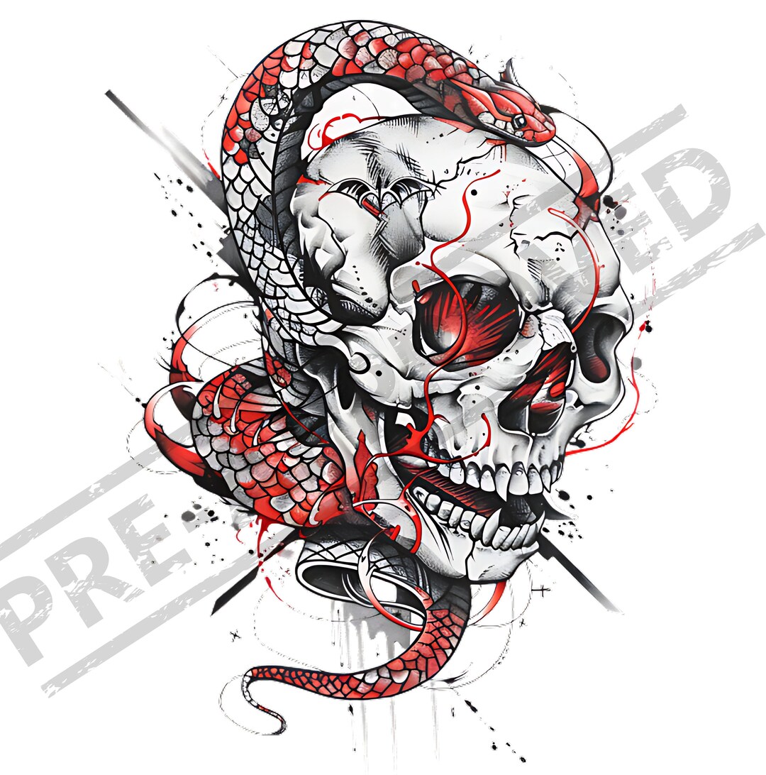 Skull and Snake Neo-traditional Tattoo Design High Resolution 4K Canvas ...