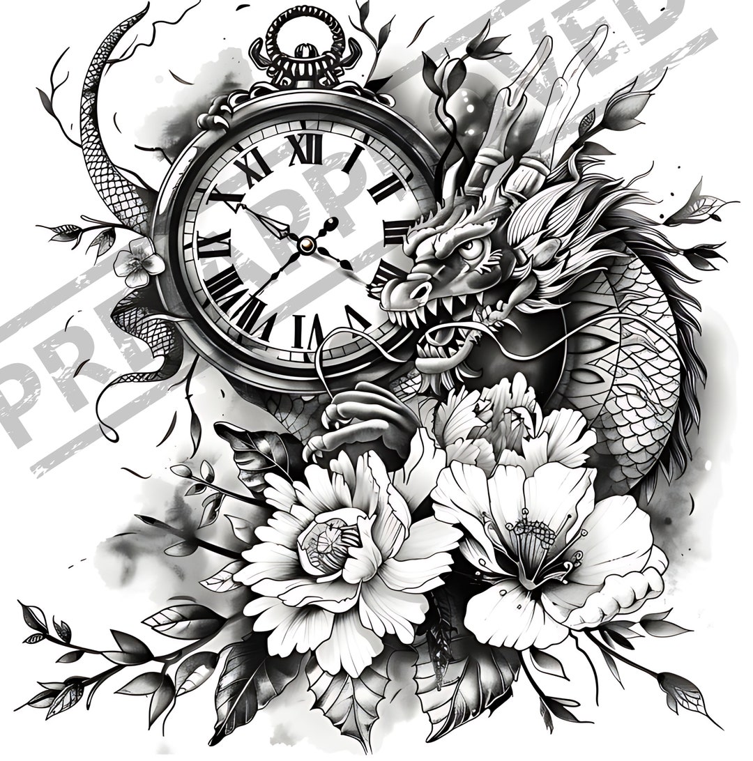 Dragon Clock | Tattoo Design | T-shirt Decal | Wall Canvas Art | SVG ...
