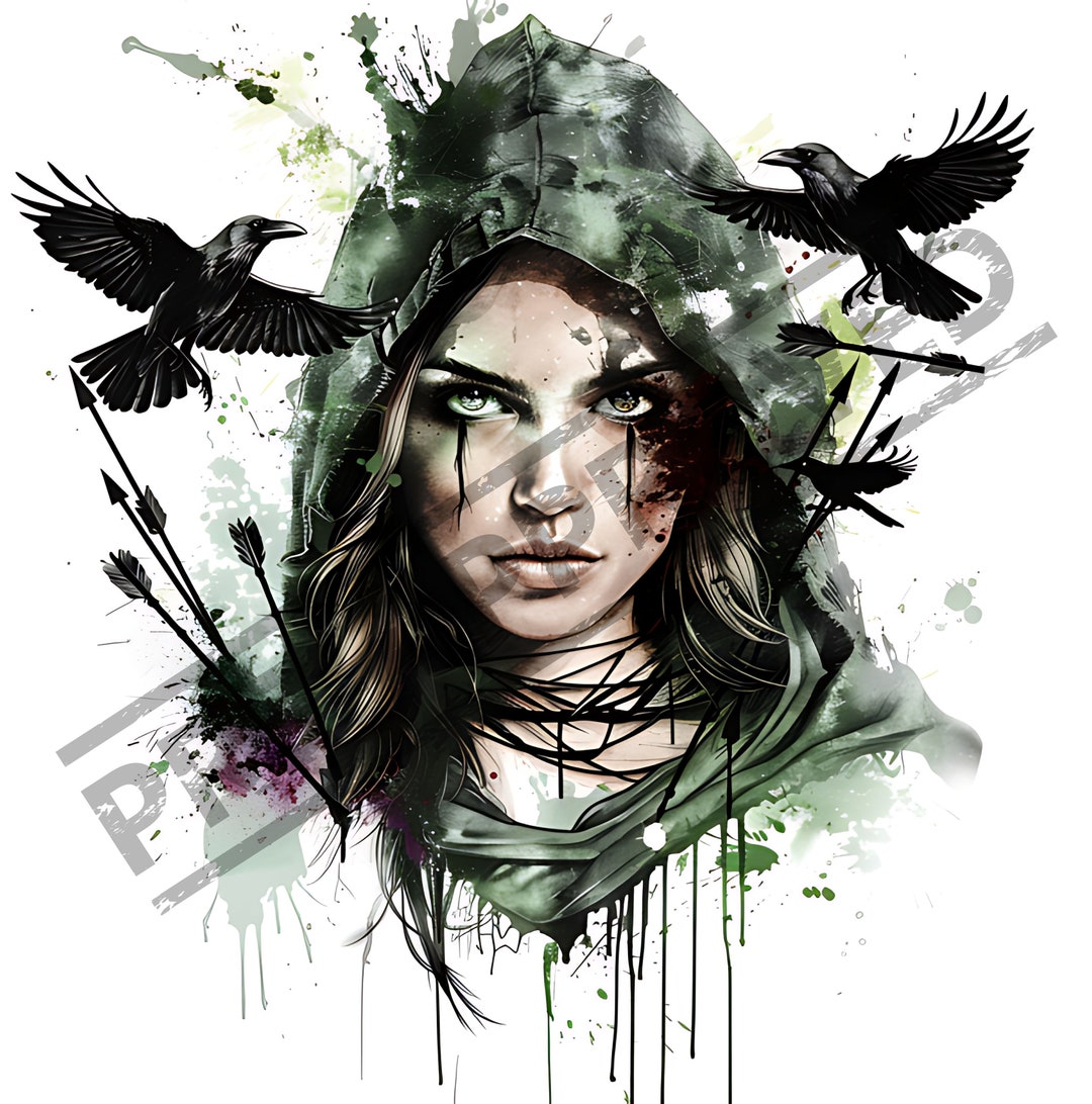 Archer Woman Ravens Tattoo Design High Resolution 4K Watercolor Art ...