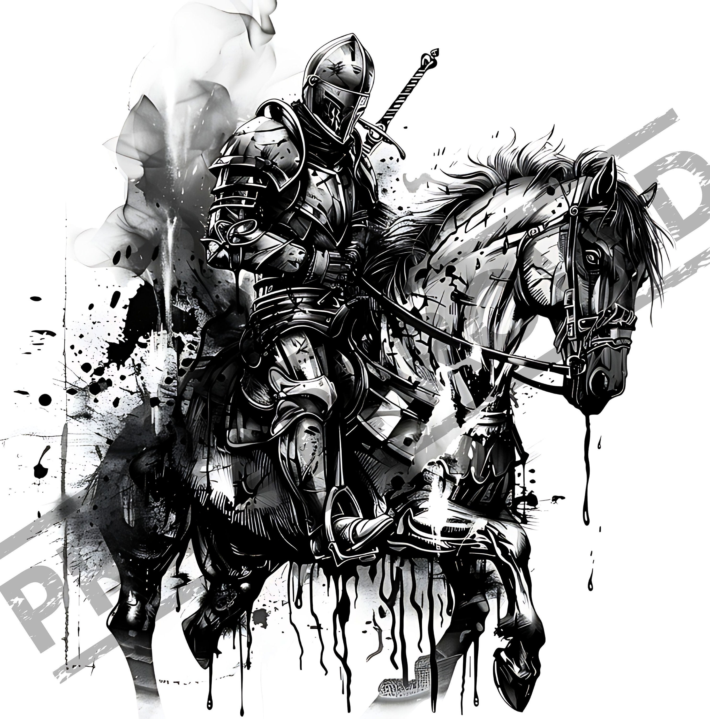 Knight & Horse Tattoo Design | High Resolution 4K | Canvas Art | Black ...