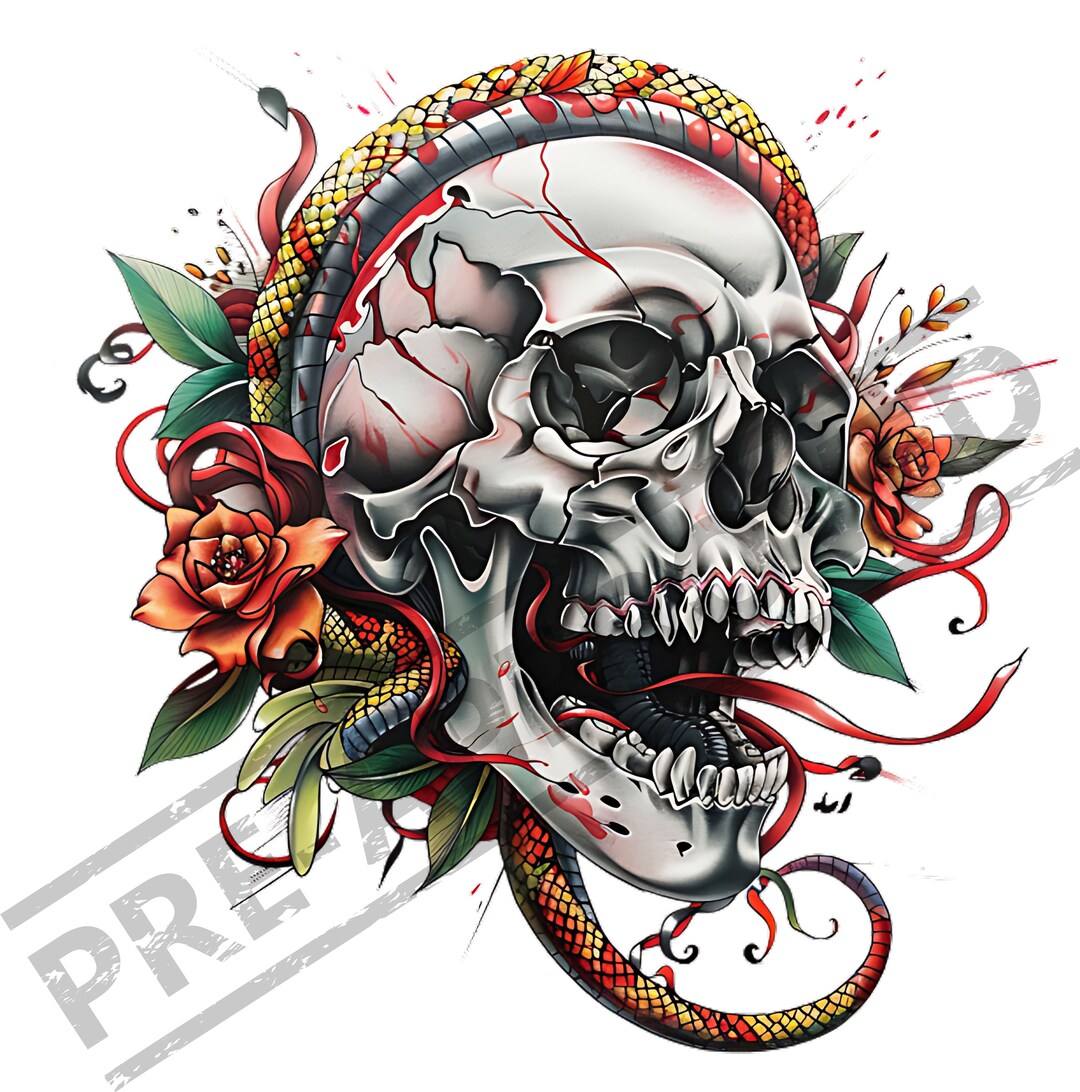 Skull and Snake Neo-traditional Tattoo Design High Resolution 4K Canvas ...