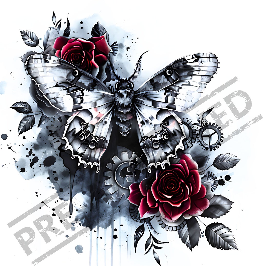 Moth and Roses Tattoo Design | High Resolution 4K PNG Transparent ...