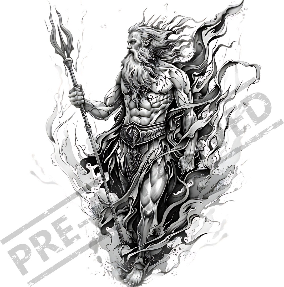 Poseidon Tattoo Design | High Resolution 4K | Canvas Art | Black Scale ...