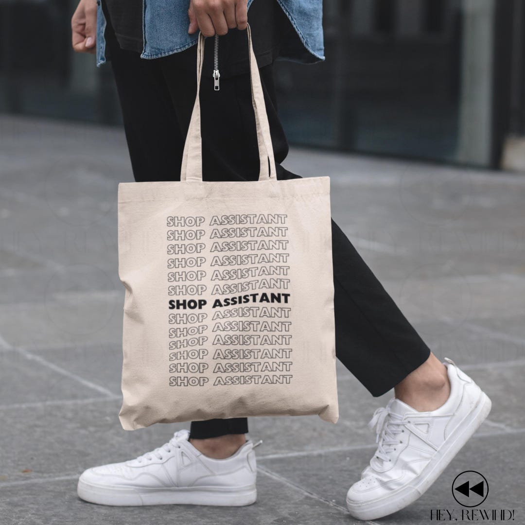 Shop Assistant Tote Bag: Repeated Text Design, Sales Clerk Gift, Retail ...
