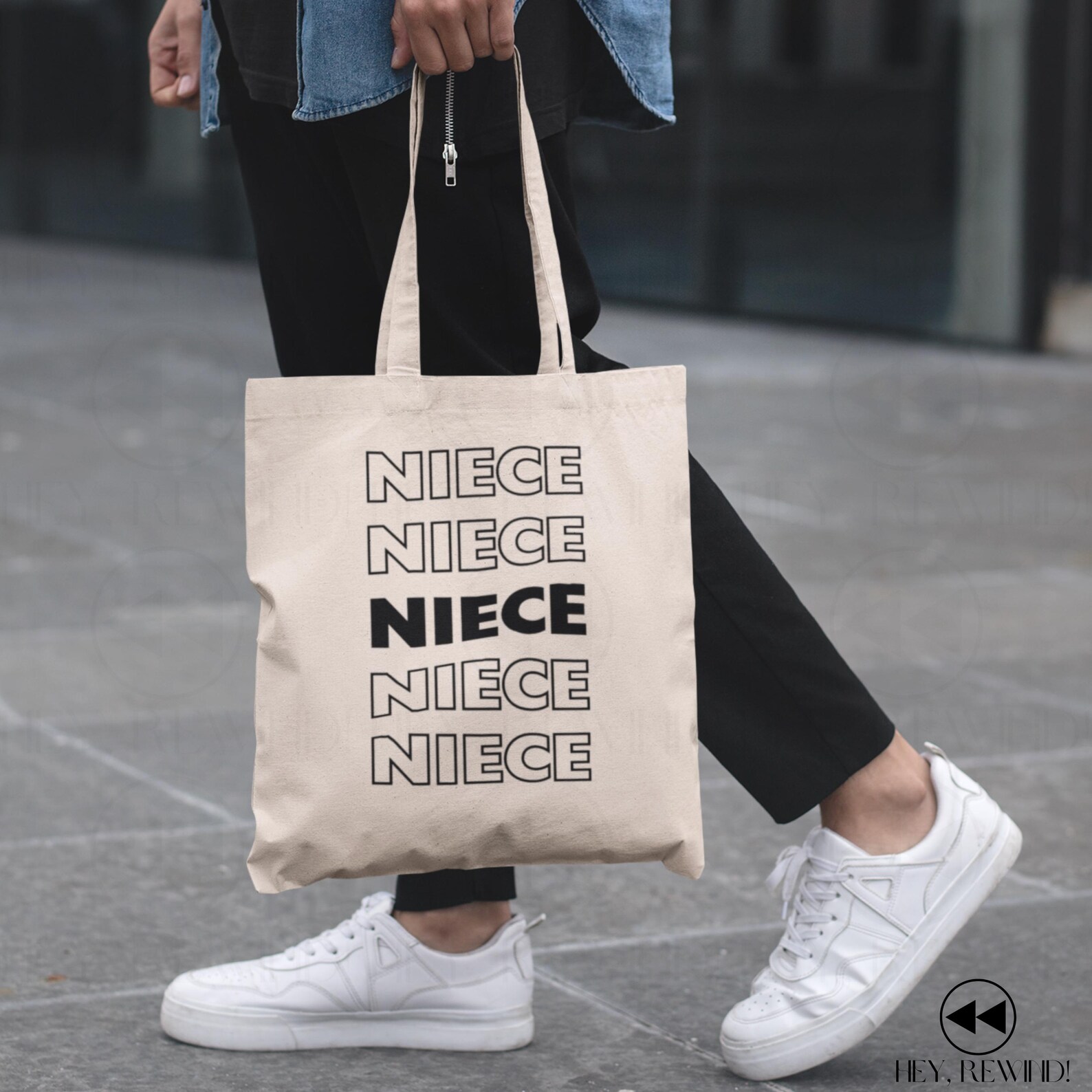 Niece Cotton Canvas Tote Bag, Niece Repeated Text Tote - Natural Color ...