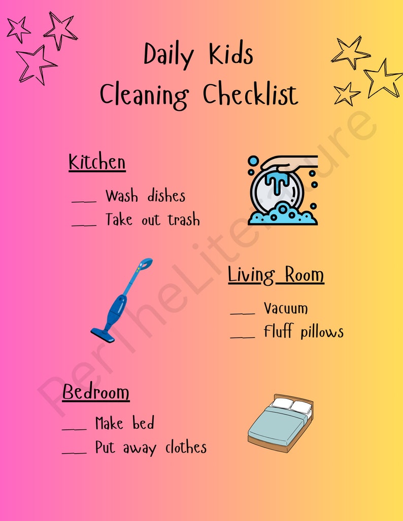 Daily Cleaning Checklist for Kids, Fun Checklist, Bright Colors and ...