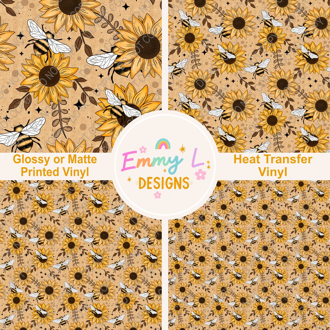 Sunflower and Bees Patterned Vinyl Sheet, Adhesive Vinyl, Bee Patterned ...