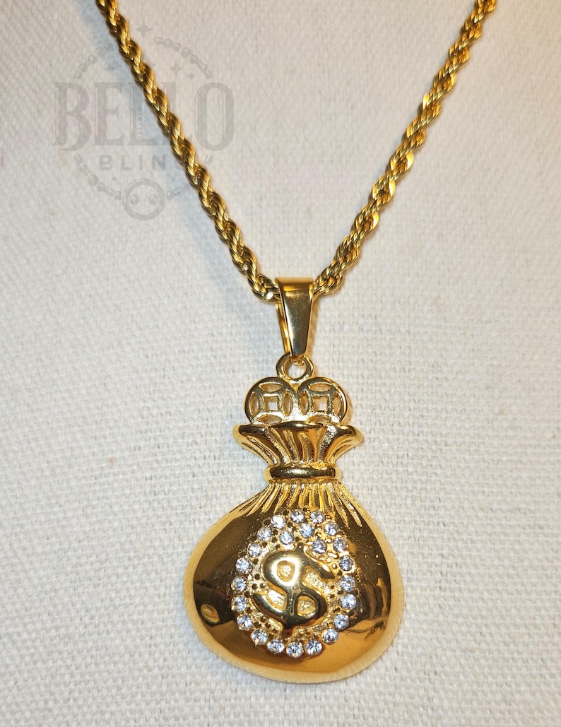 Money Bag Pendant, Gold-finish, Iced Out, Money Necklace, Bling Jewelry ...