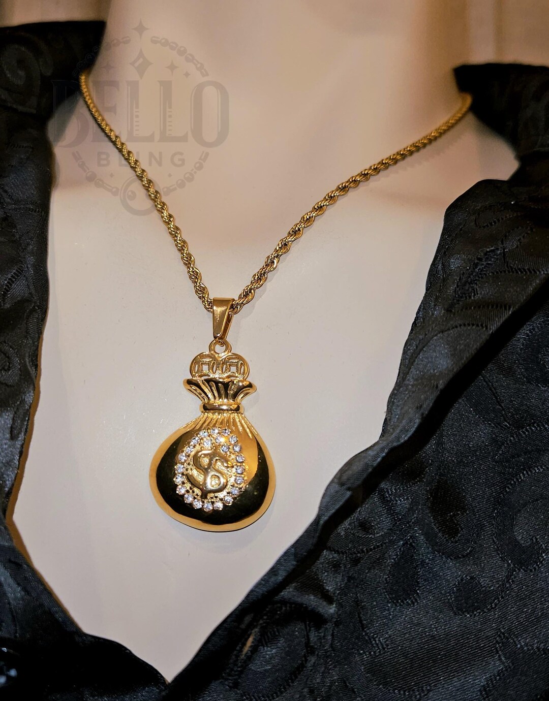 Money Bag Pendant, Gold-finish, Iced Out, Money Necklace, Bling Jewelry ...