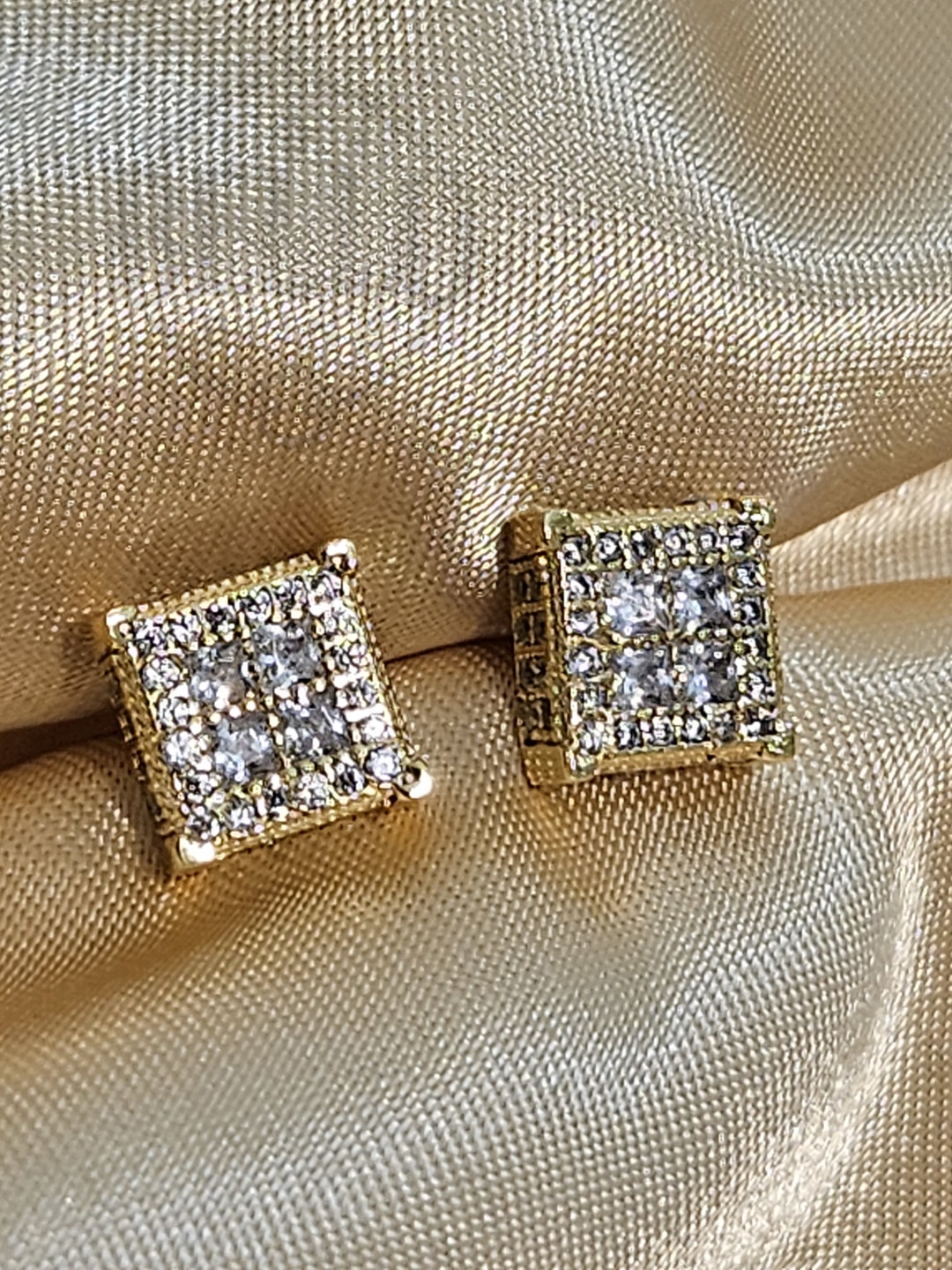 14k Gold Square Diamond Stud Earrings Sparkling CZ, Hypoallergenic ...