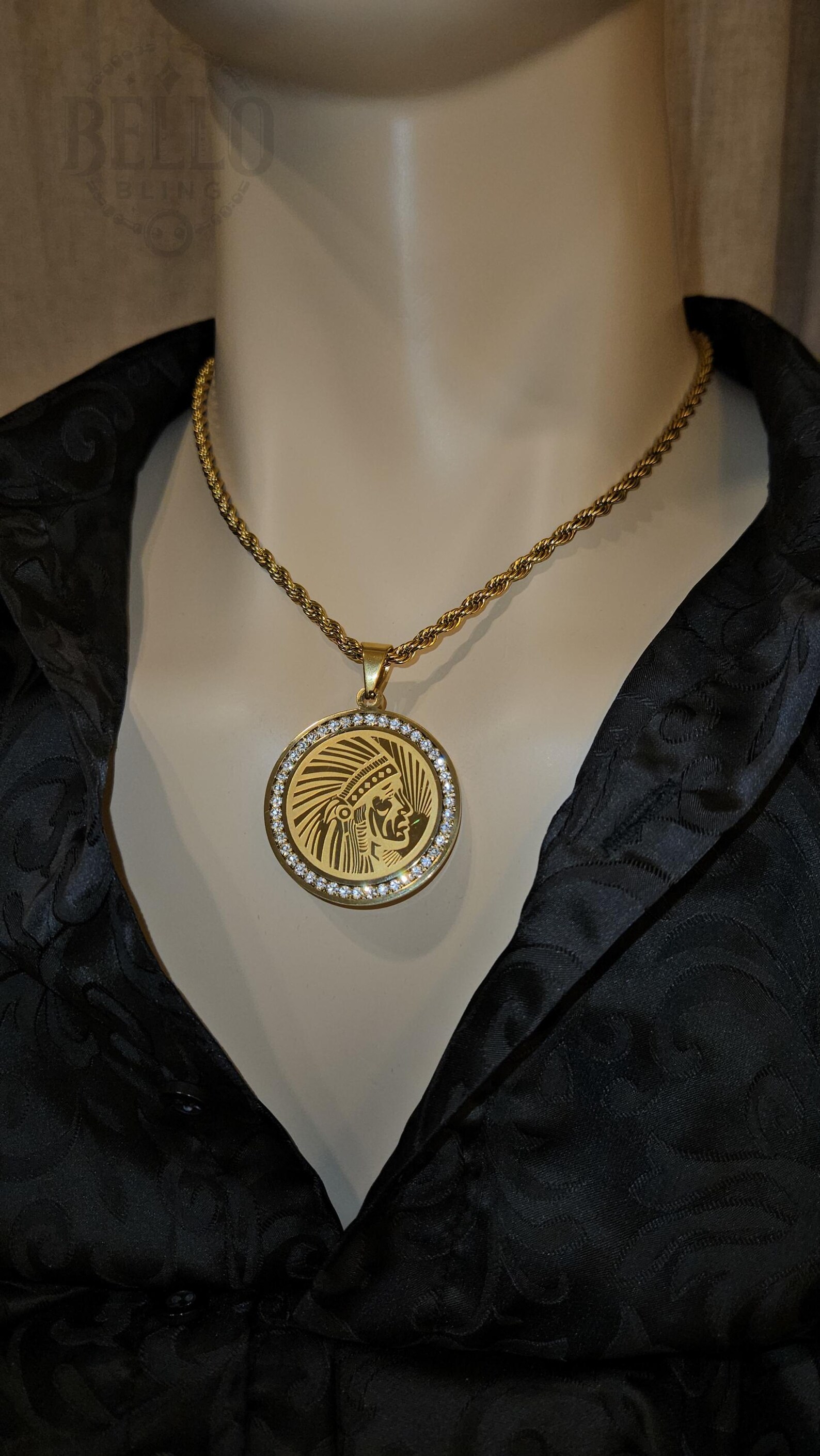 Gold Native Chief Pendant Necklace - Tribal Jewelry, Crystal Accents ...