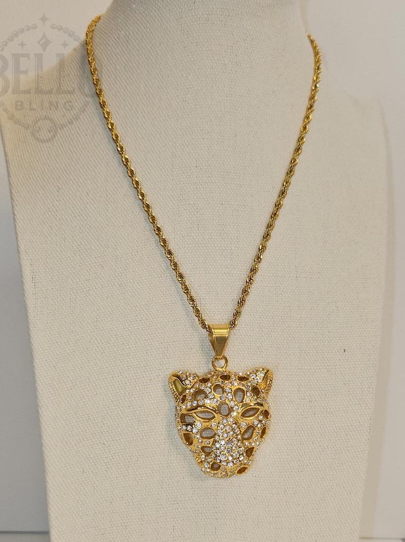 Sparkling Leopard Head Pendant Necklace - Gold Finish, Hip Hop Bling ...