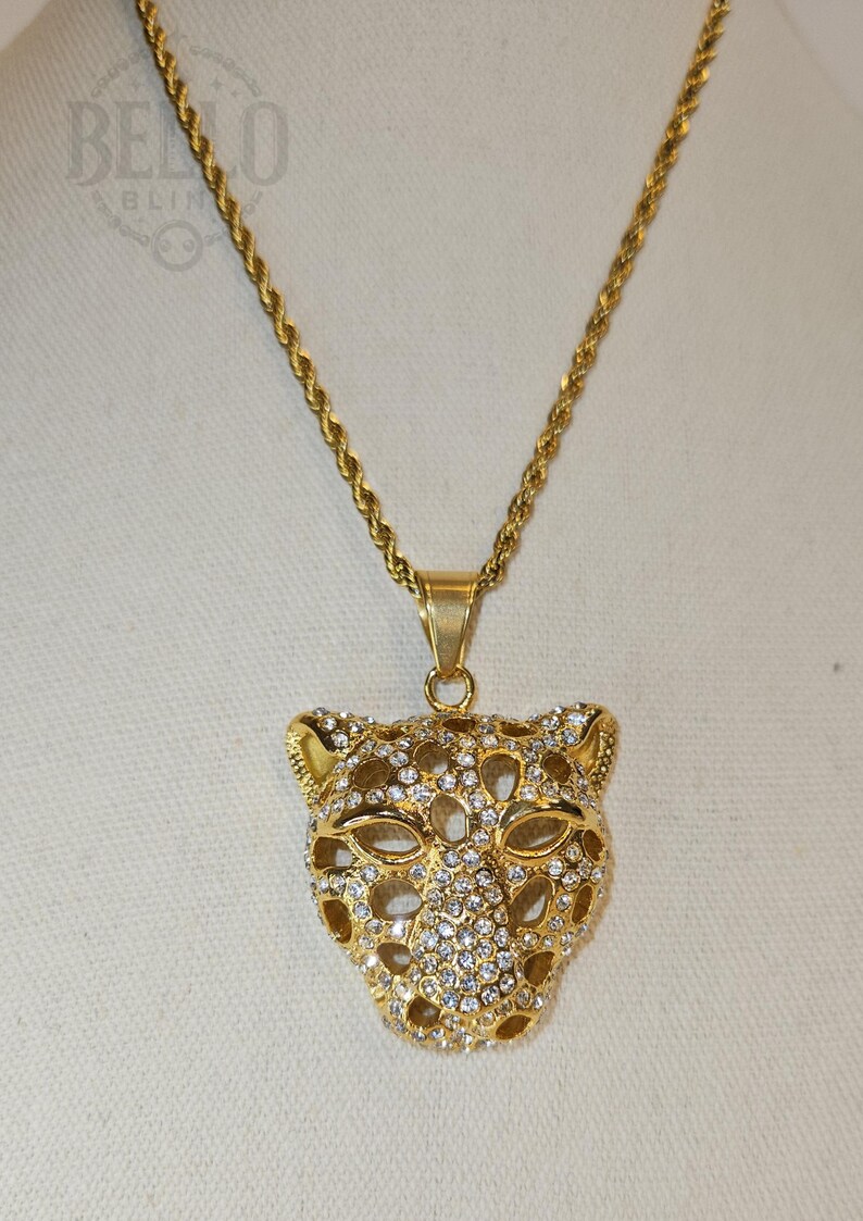 Sparkling Leopard Head Pendant Necklace - Gold Finish, Hip Hop Bling ...