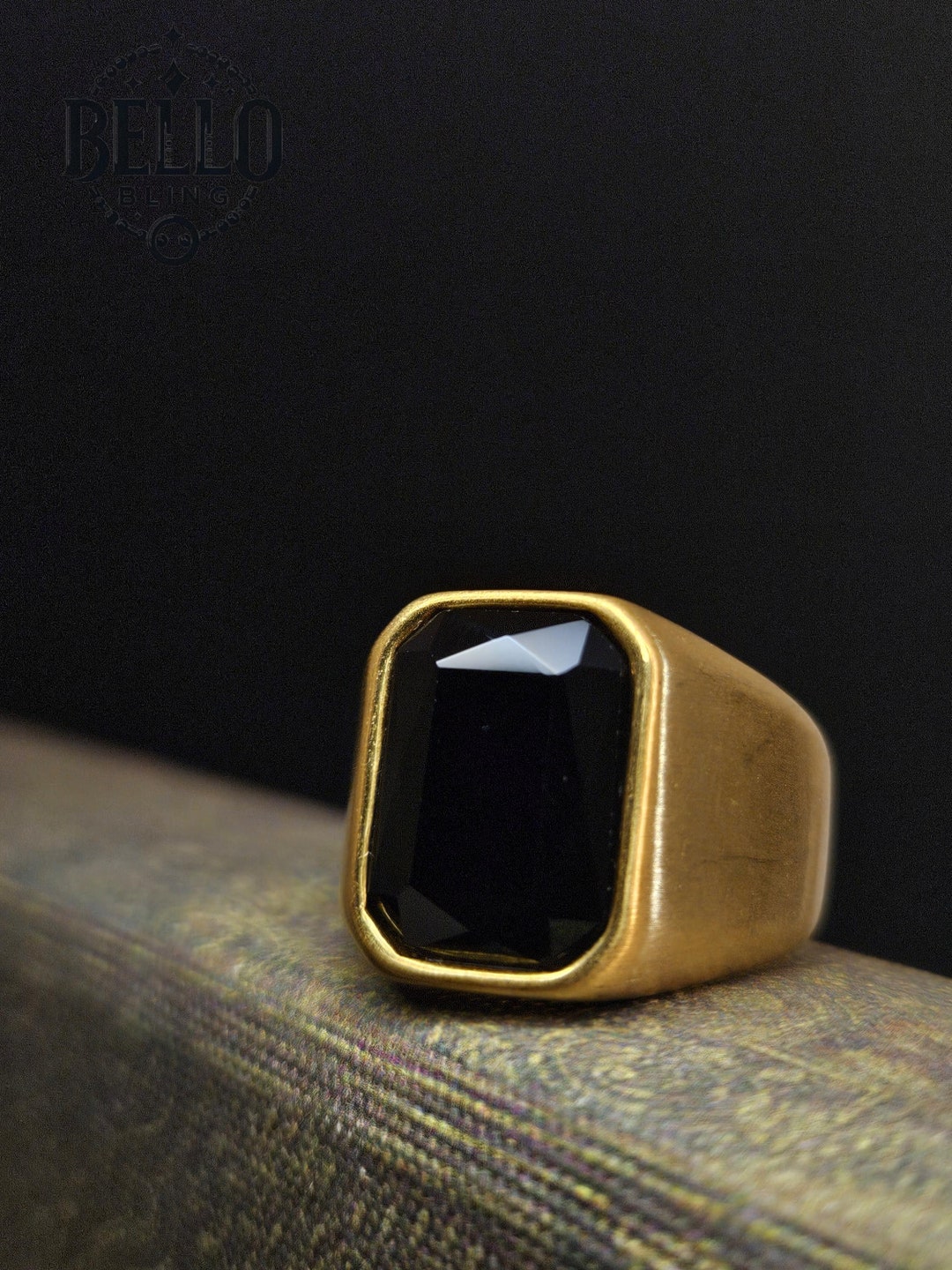 Men's Gold Black Onyx Signet Ring, Stainless Steel Square Black ...