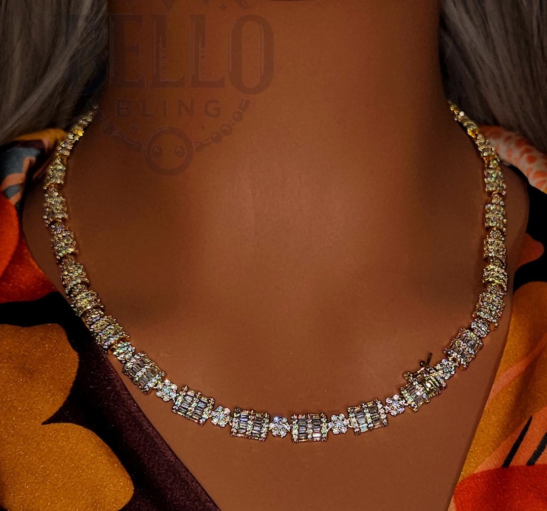 8mm 20" Flower Tennis Gold Icy Chain Necklace, Iced Prong Handset Cz ...