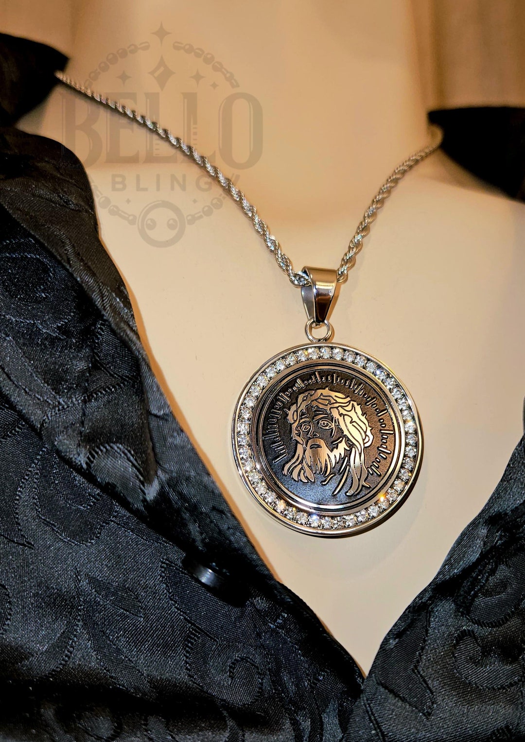 Black Jesus Pendant Necklace, Silver Finish Stainless Steel, Religious ...