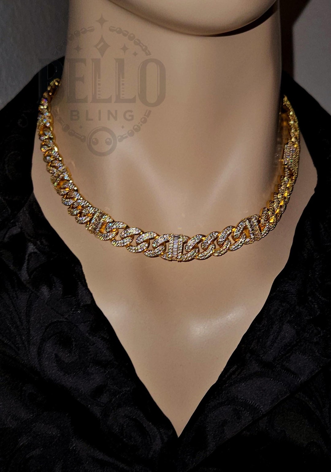 12mm Baguette Miami Cuban Link Chain Necklace, 14k Gold Finish Iced ...