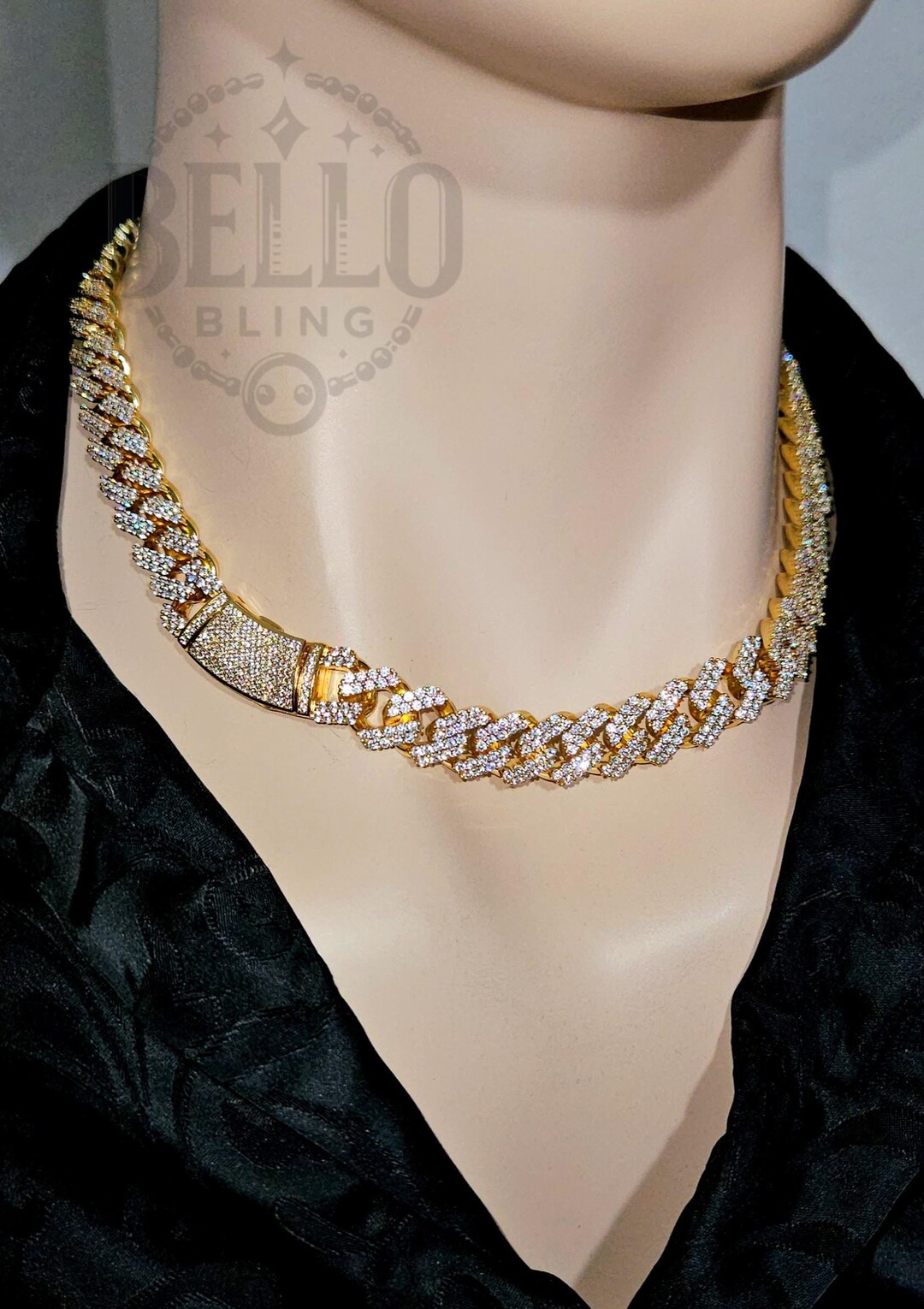 12mm Iced Miami Cuban Link Chain Necklace, 14k Gold Finish Iced Cuban ...