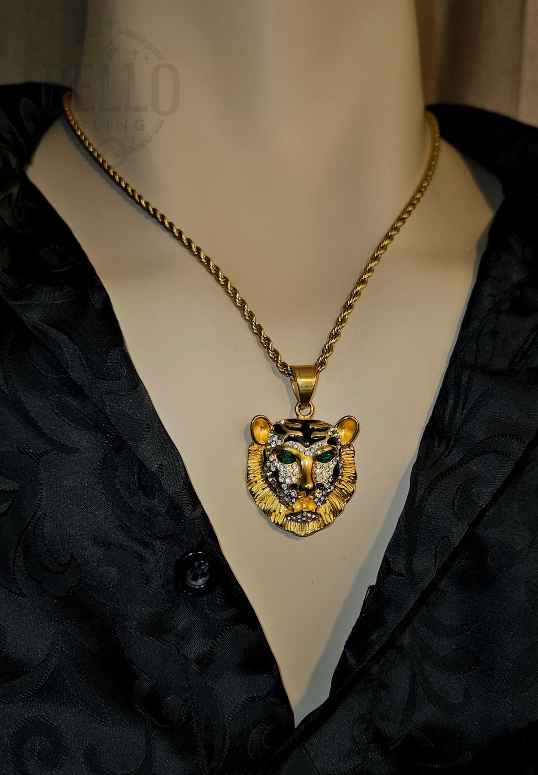 Gold Tiger Pendant Necklace - Green Eyes, Bold Animal Jewelry, Hip Hop ...
