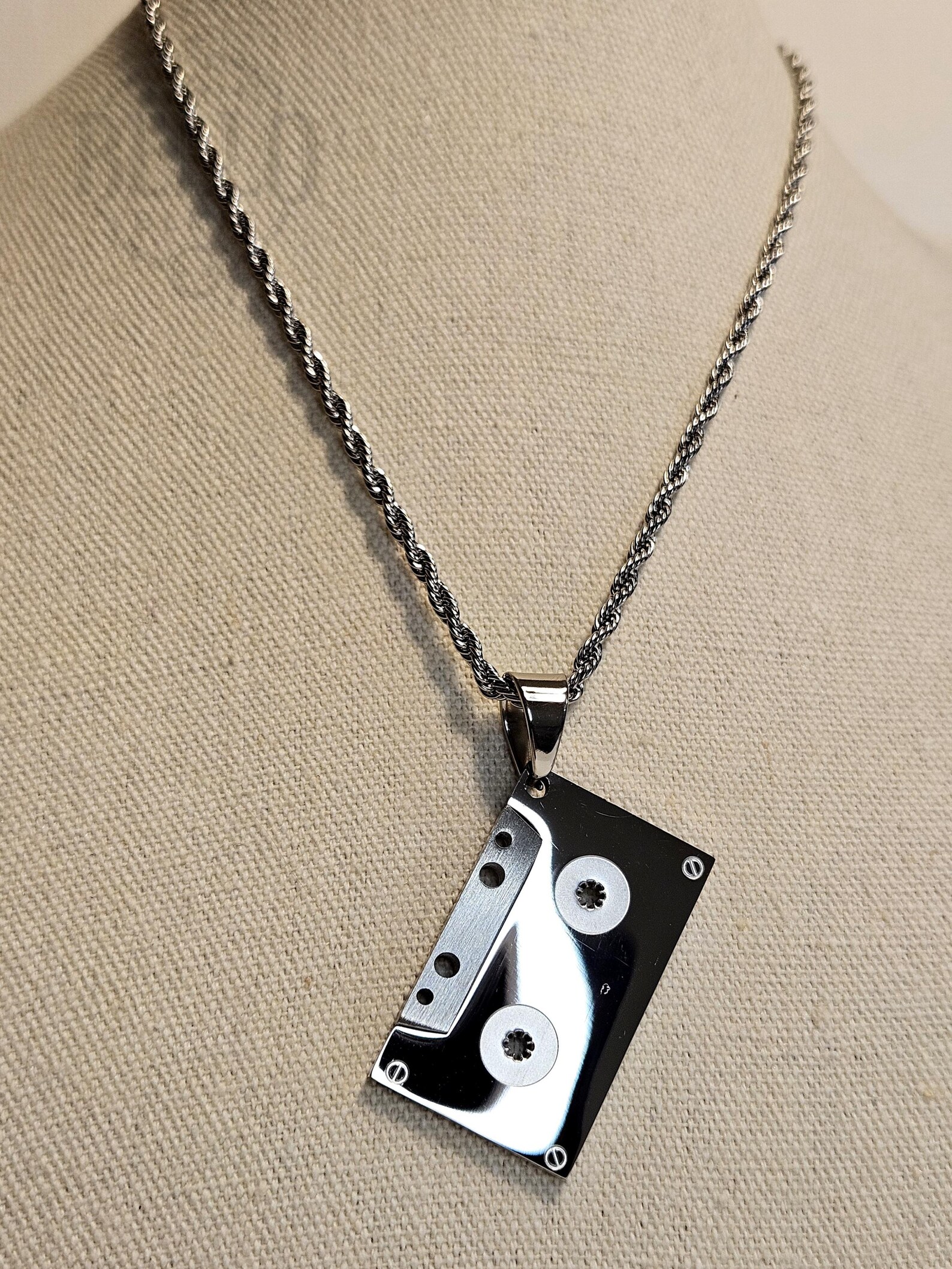 Silver Cassette Tape Pendant Necklace - Retro Music Jewelry, Stainless ...
