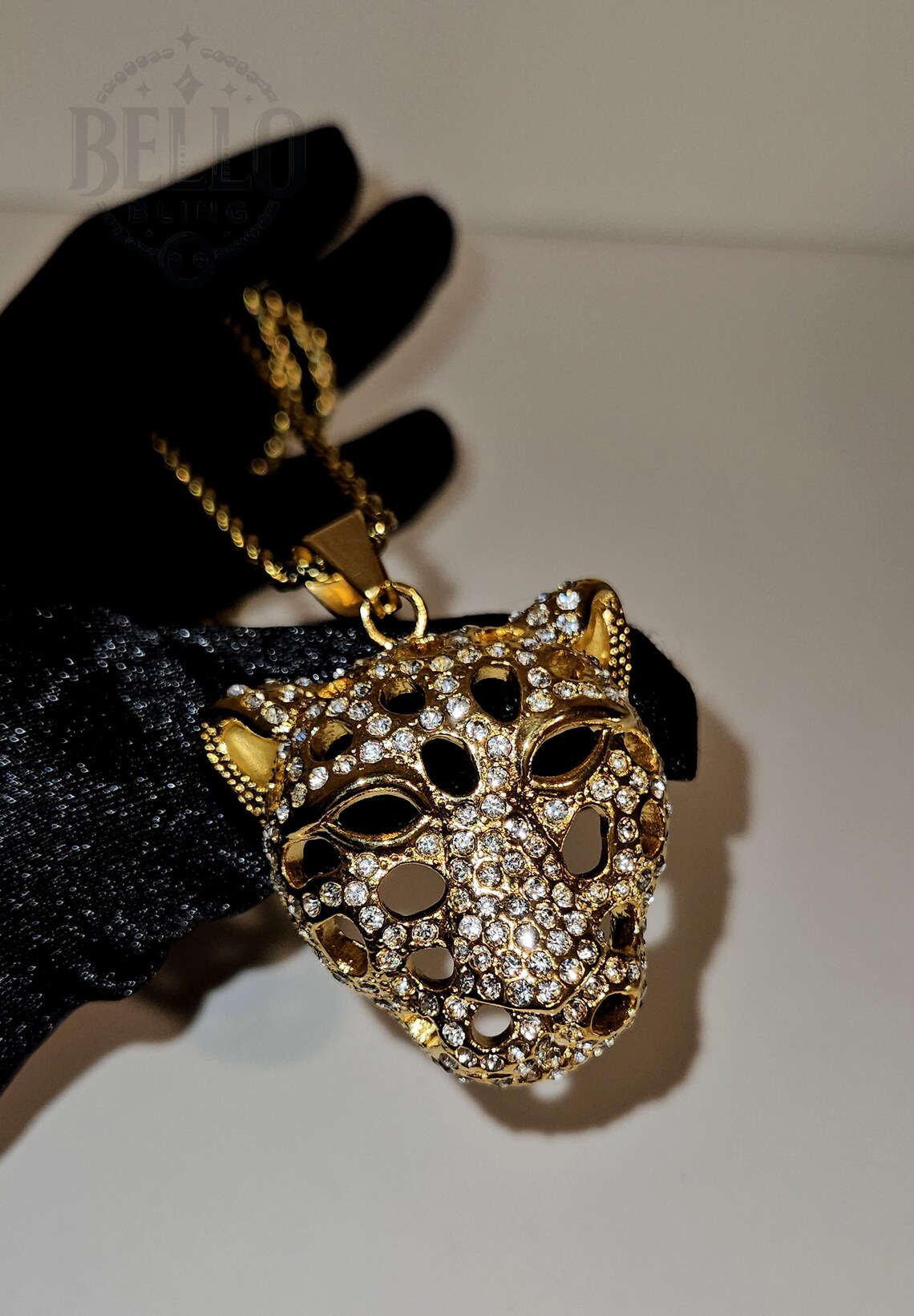 Sparkling Leopard Head Pendant Necklace - Gold Finish, Hip Hop Bling ...