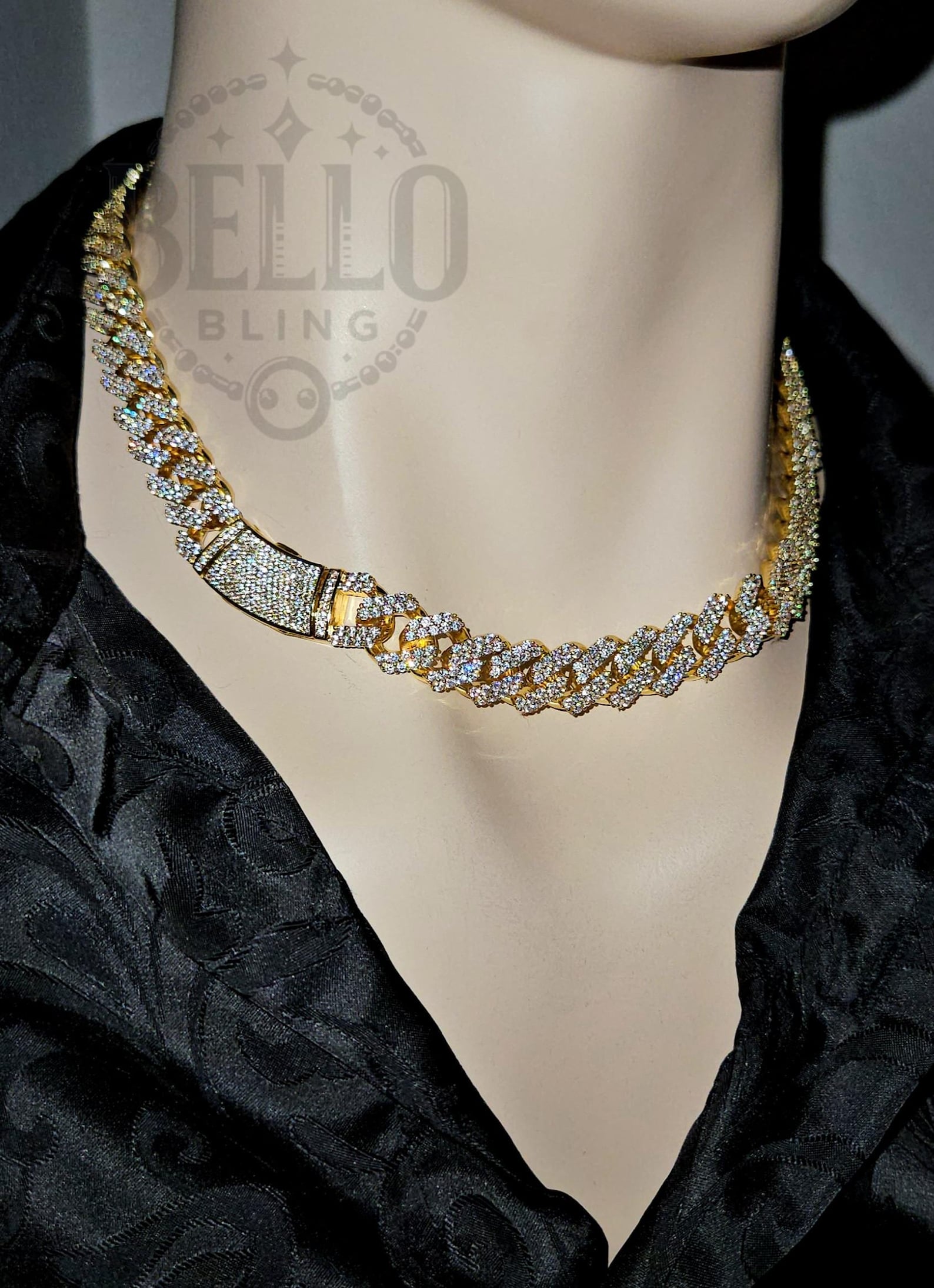 12mm Iced Miami Cuban Link Chain Necklace, 14k Gold Finish Iced Cuban ...