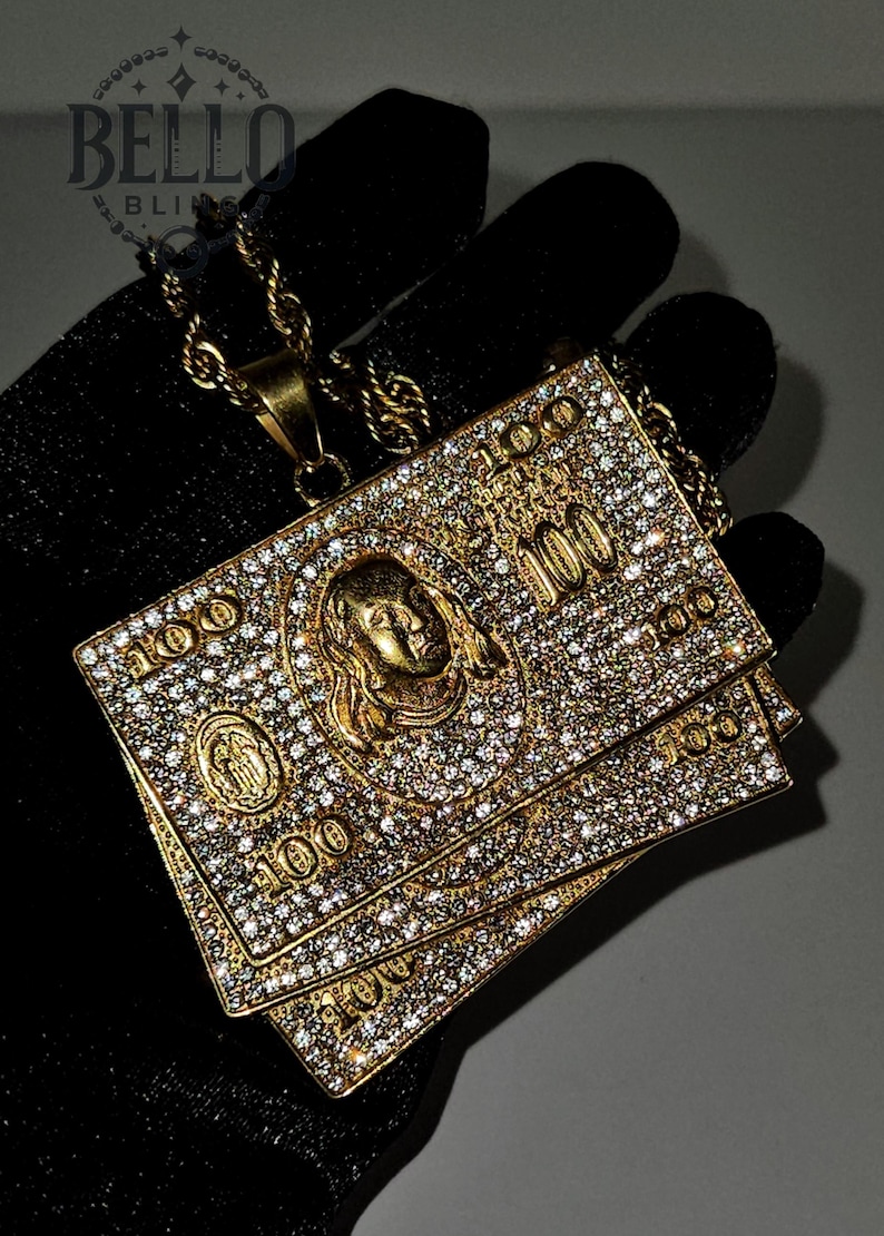 Gold 100 Bill Pendant Necklace - Hip Hop, Money Necklace, Bling Pendant ...