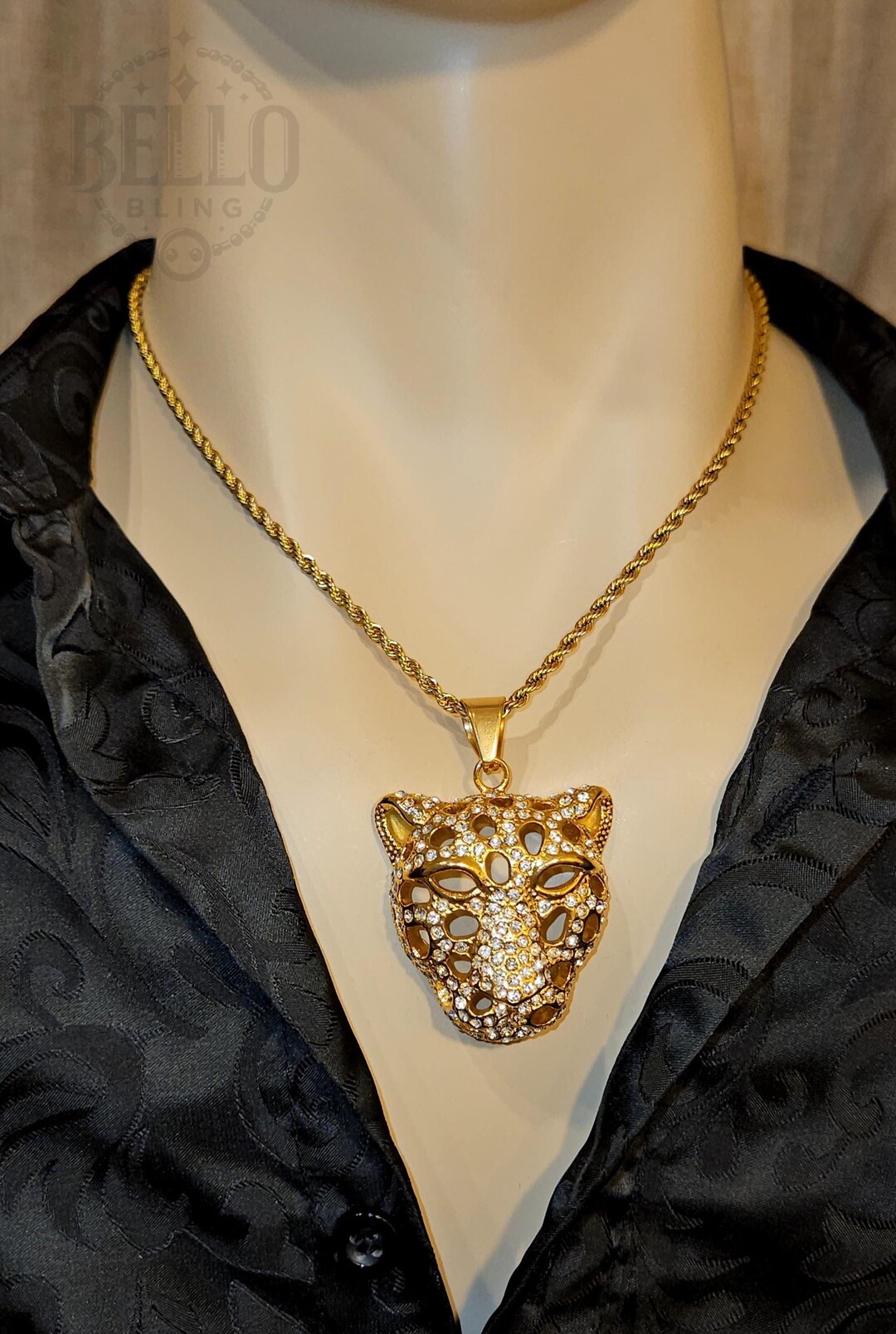 Sparkling Leopard Head Pendant Necklace - Gold Finish, Hip Hop Bling ...