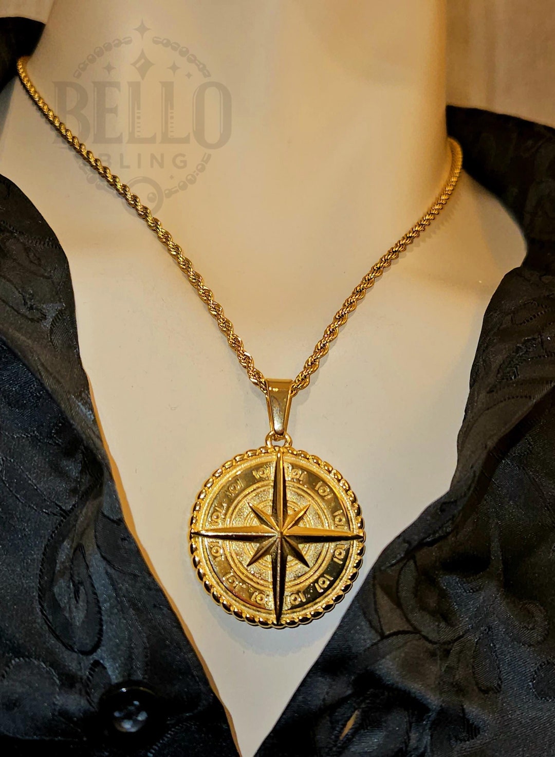 Compass Pendant Necklace, Gold-finish, Iced Out, Adventure Jewelry ...