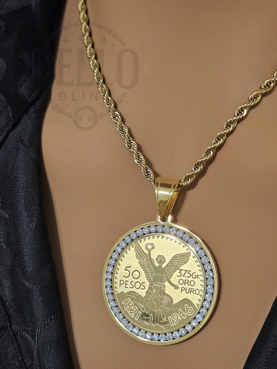 Gold Mexican 50 Pesos Coin Pendant Necklace Oro Puro Medallion With Crystals Elegant Coin Jewelry Available in Various Chain Sizes Etsy