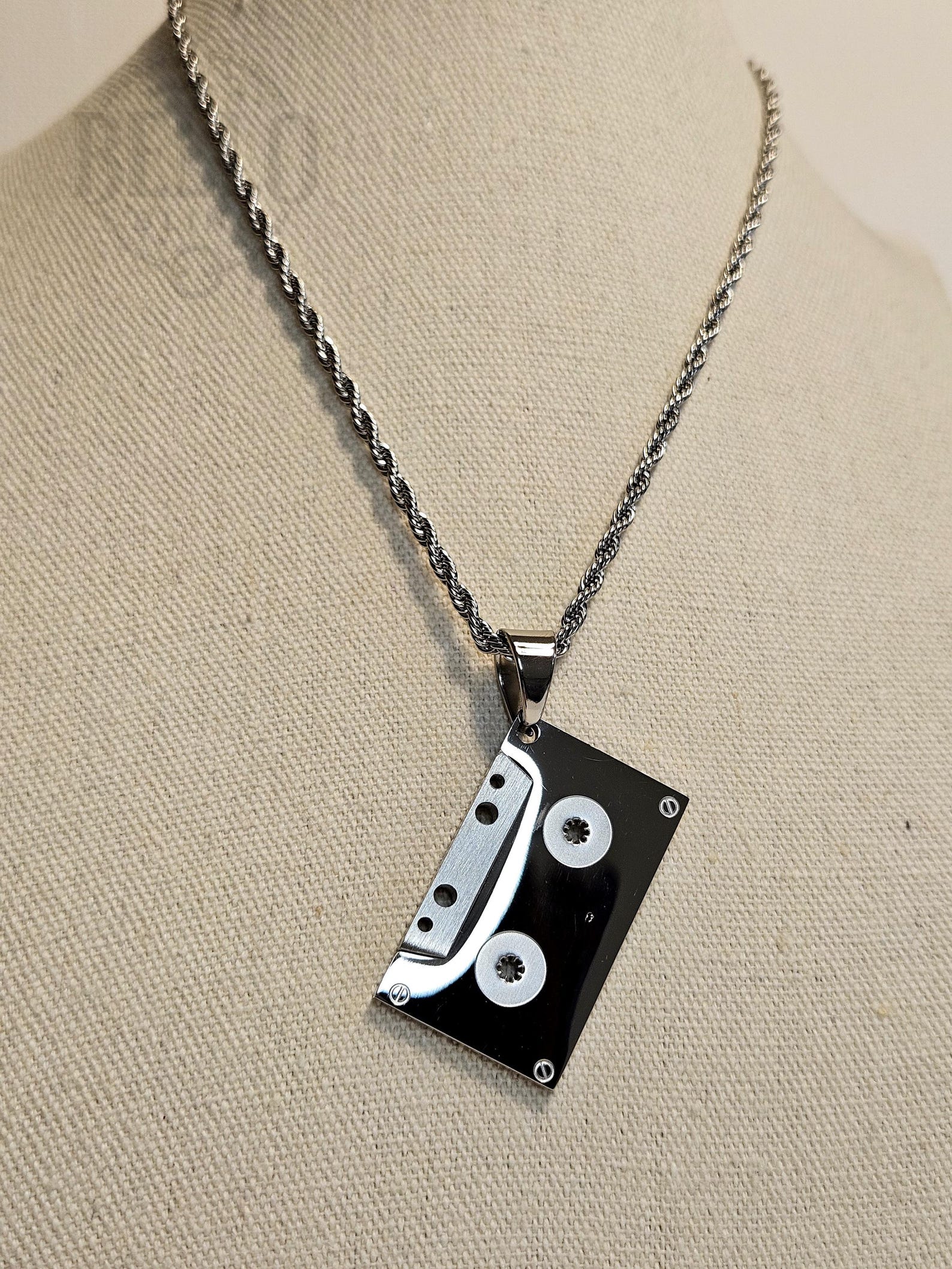 Silver Cassette Tape Pendant Necklace - Retro Music Jewelry, Stainless ...