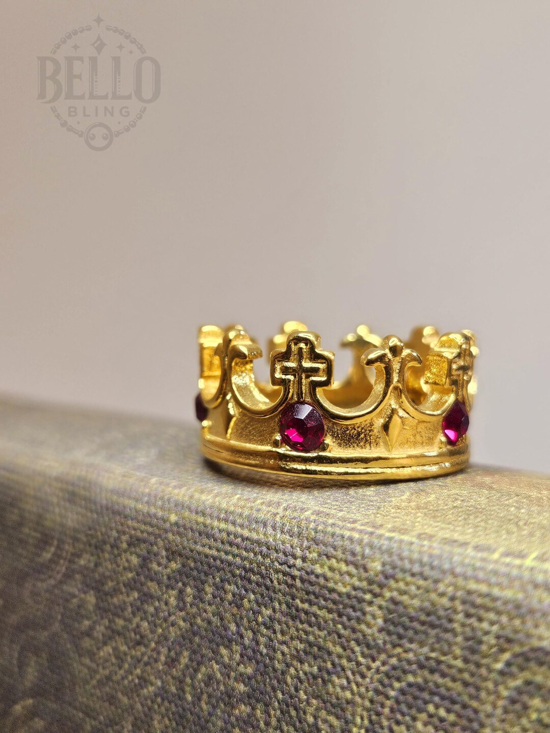 Men’s Solid Gold Crown Ring Stainless Steel - Kings Crown Red Stones ...