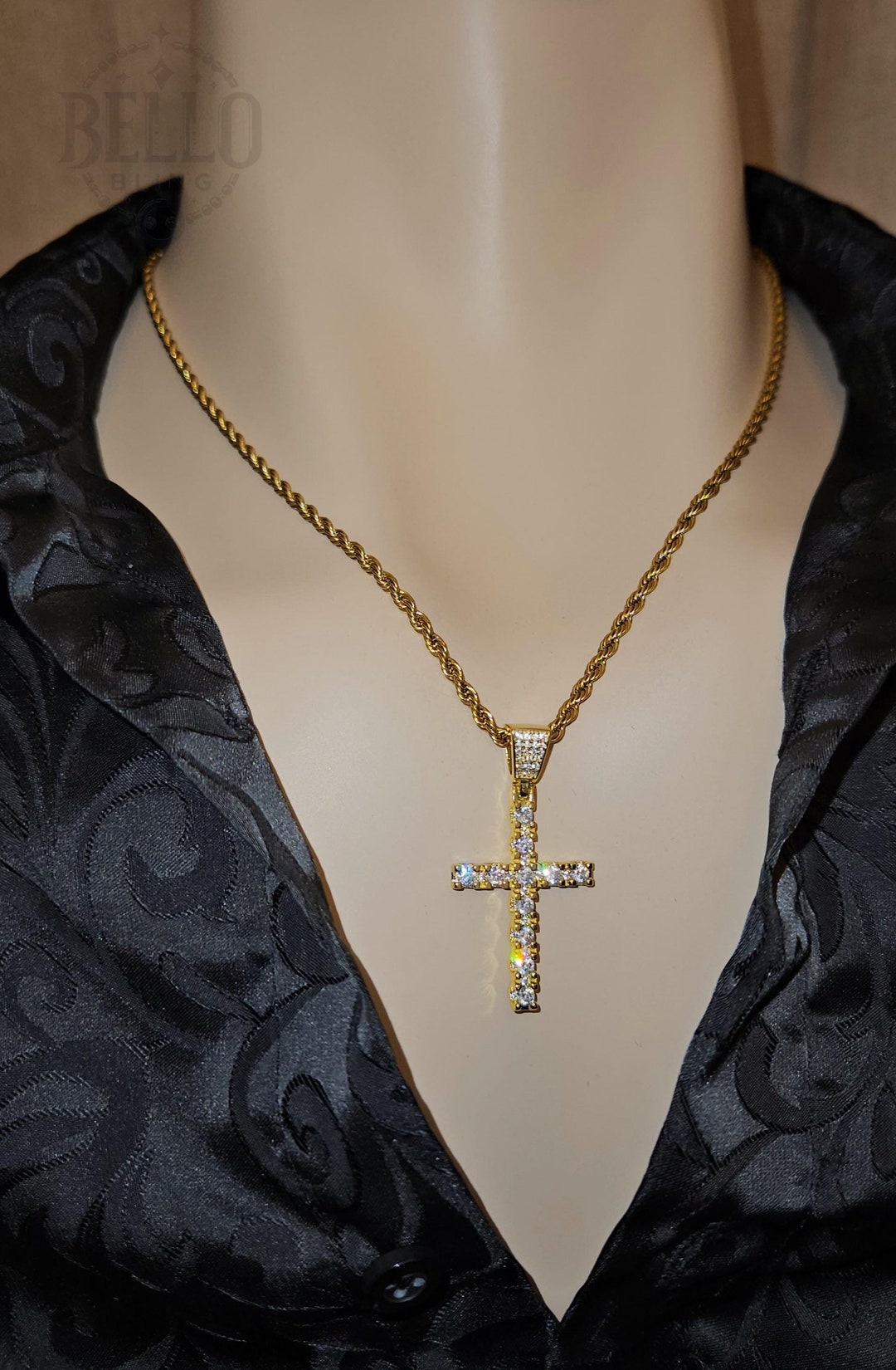 Iced Tennis Cross Necklace, 14k Gold Over Sterling Silver Tiny Dainty ...