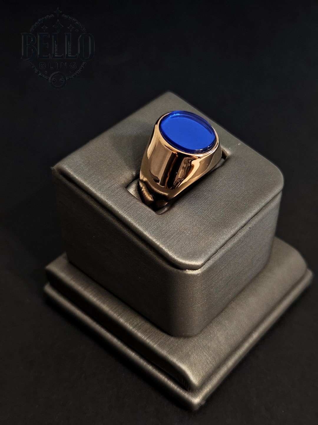 Men's Gold Blue Sapphire Signet Ring, Stainless Steel Square Black ...