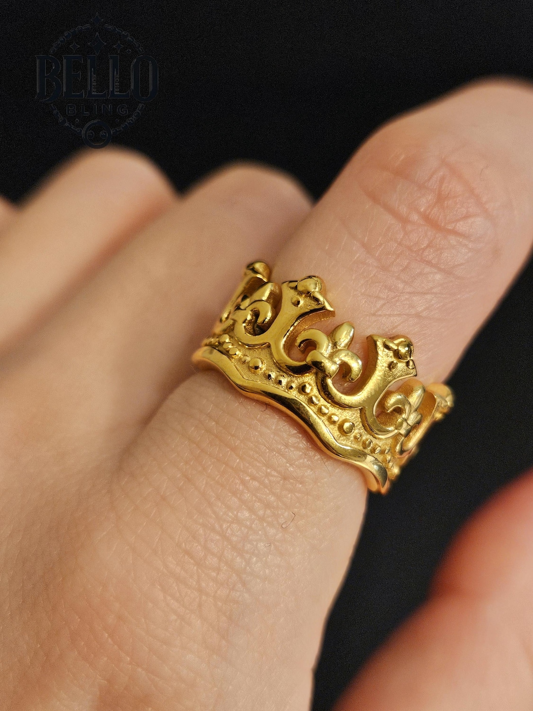 Solid Crown Ring in Gold Stainless Steel - Regal King's Crown Design ...