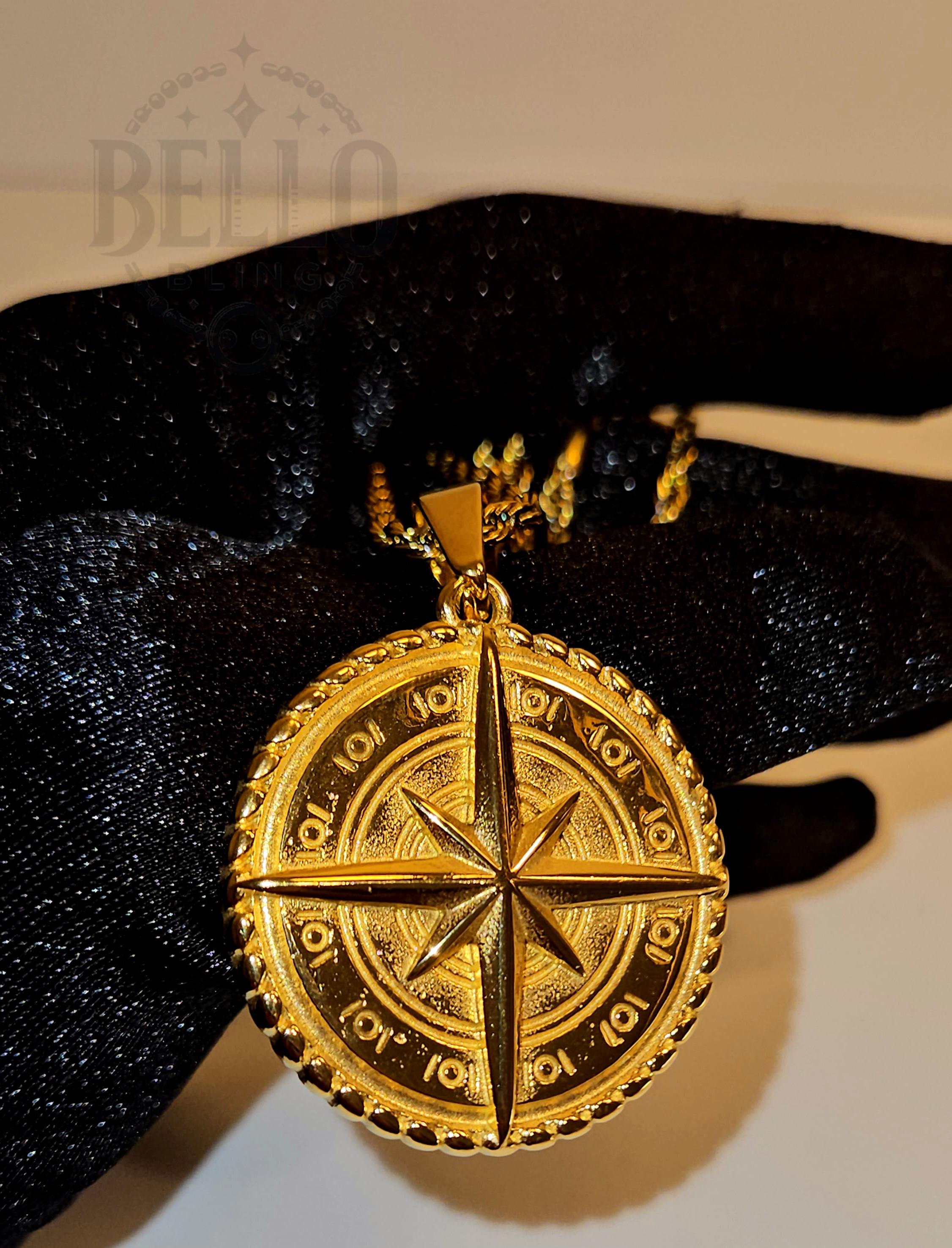 Compass Pendant Necklace, Gold-finish, Iced Out, Adventure Jewelry ...