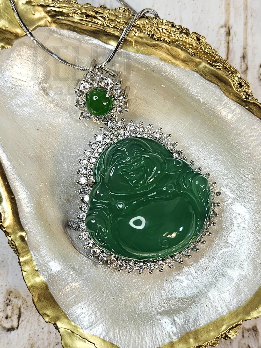 Green Buddha Pendant Necklace: Stainless Steel Chain, White Gold-toned ...