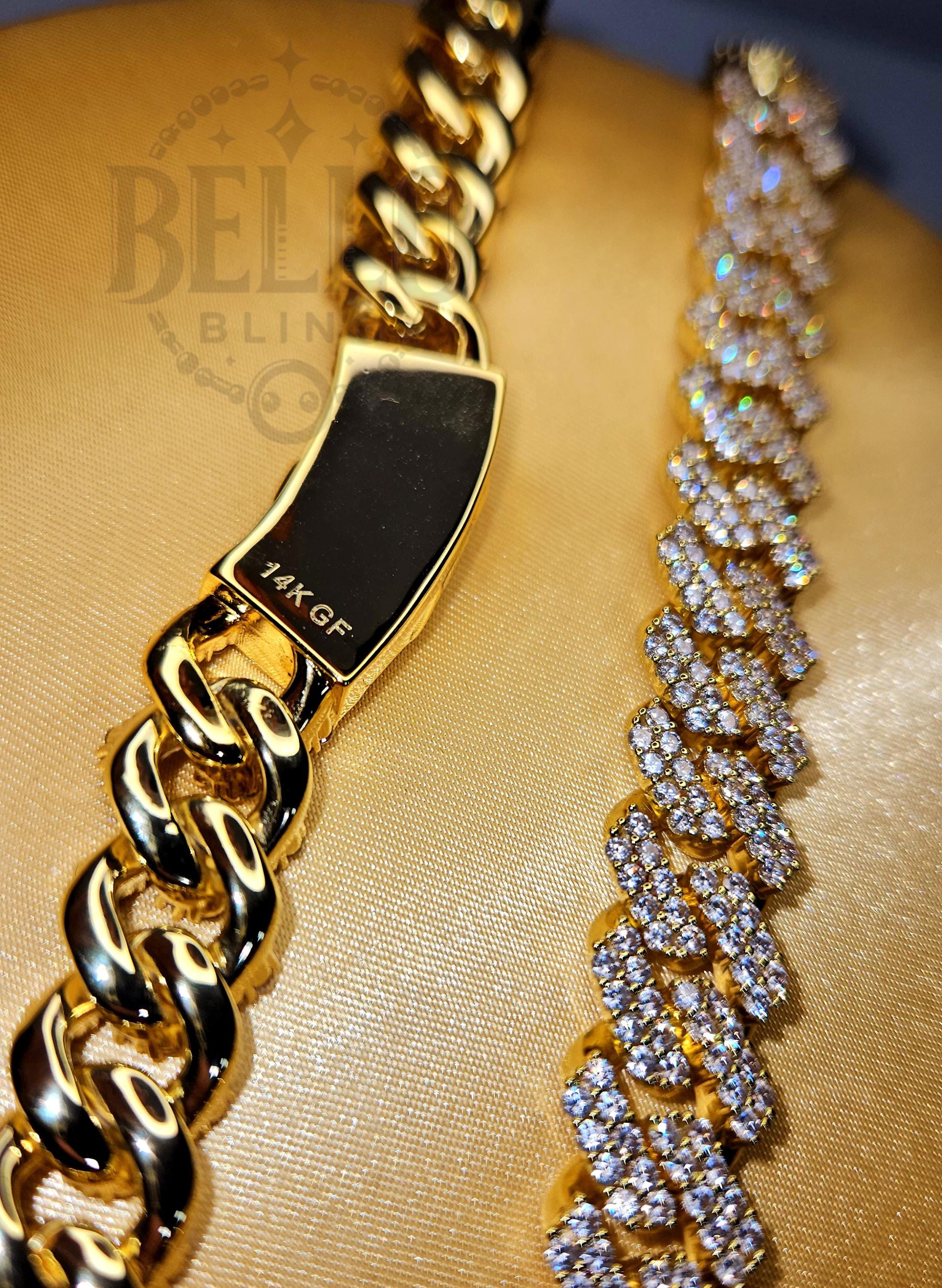 12mm Iced Miami Cuban Link Chain Necklace, 14k Gold Finish Iced Cuban ...