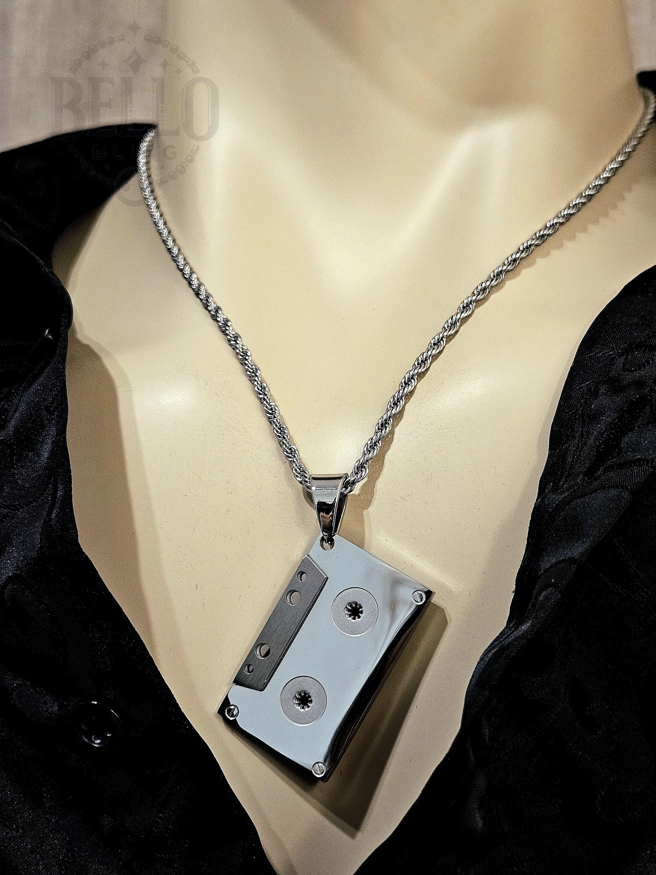 Silver Cassette Tape Pendant Necklace - Retro Music Jewelry, Stainless ...